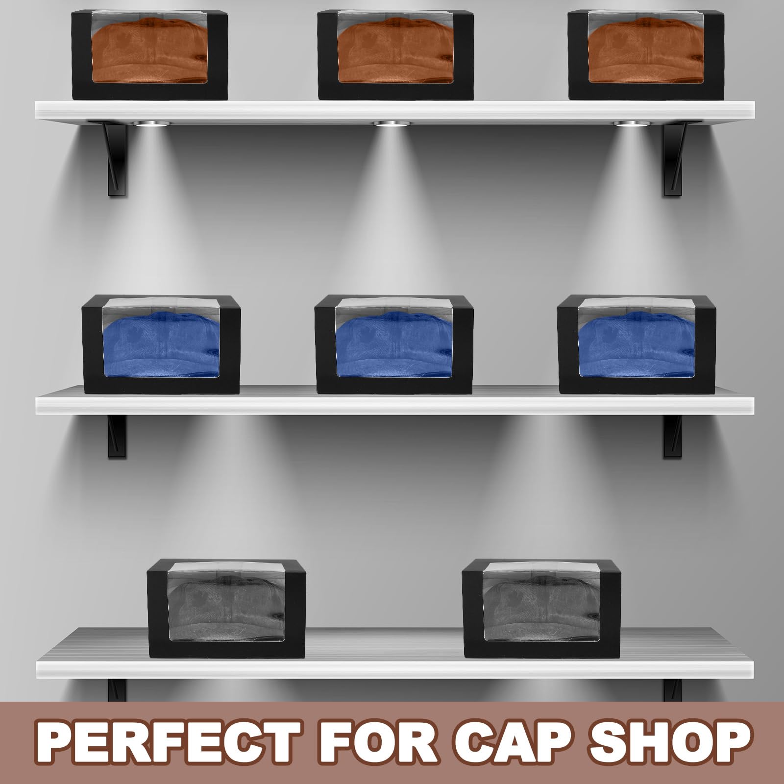 DoubleFill 50 Pcs Display Black Gift Boxes with Window Clear for Baseball Caps 7.6" x 7.6" x 4.7" Paper Hat Organizer Box Packing Fold Hat Storage Hat Display Case Hat Holder