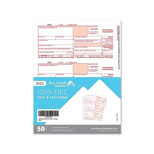 Blue Summit Supplies 1099 NEC Copy A Forms, 2024, 50 Pack, New Tax Forms for Reporting Nonemployee Compensation for Independent Contractors, Copy A ONLY, 50 Pack (17 Sheets, 3 Forms Per Sheet)