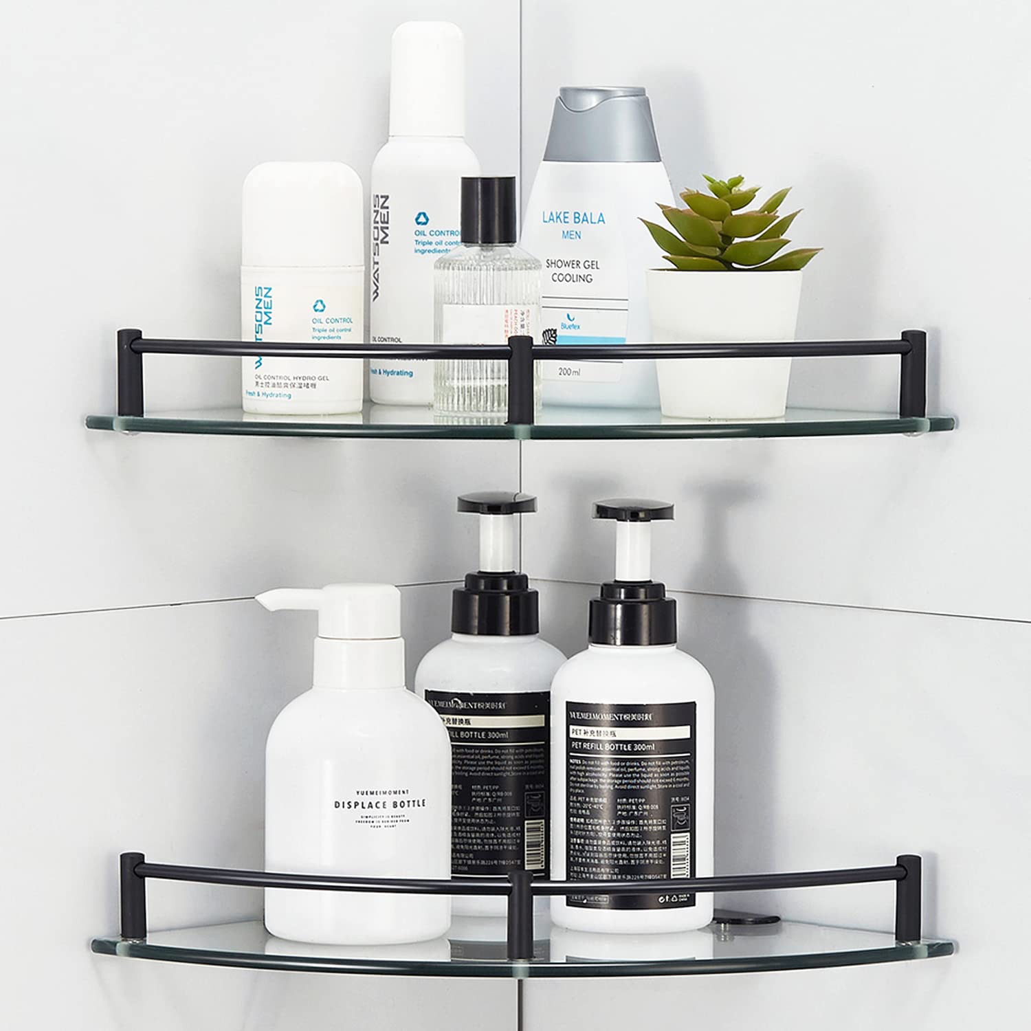 Halyuhn Bathroom Shower Corner Shelf, 9.5in Tempered Glass Bathroom Shelf for Bathroom Corner Shower Wall Mounted, 2 Tier Bathroom Organizers and Storage, Stainless Steel Rail