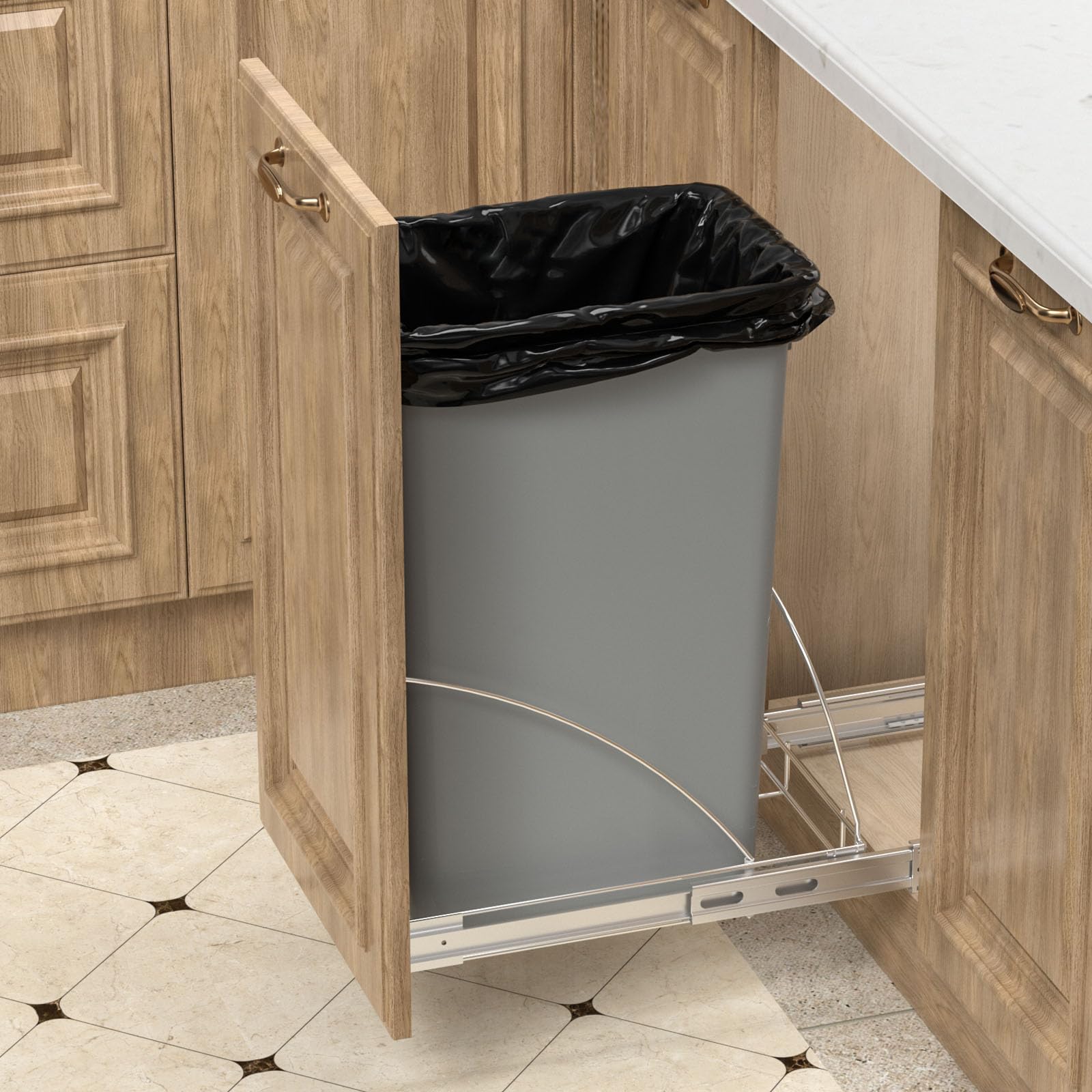 Pull Out Trash Can Under Cabinet，Under Sink Trash Can Cabinet Pull Out with Door Mounting Kit，Cabinet Trash Can Pull Out Kit，Requires 15" W X 18" D Minimum Cabinets，Chrome-Waste Bin Not Included