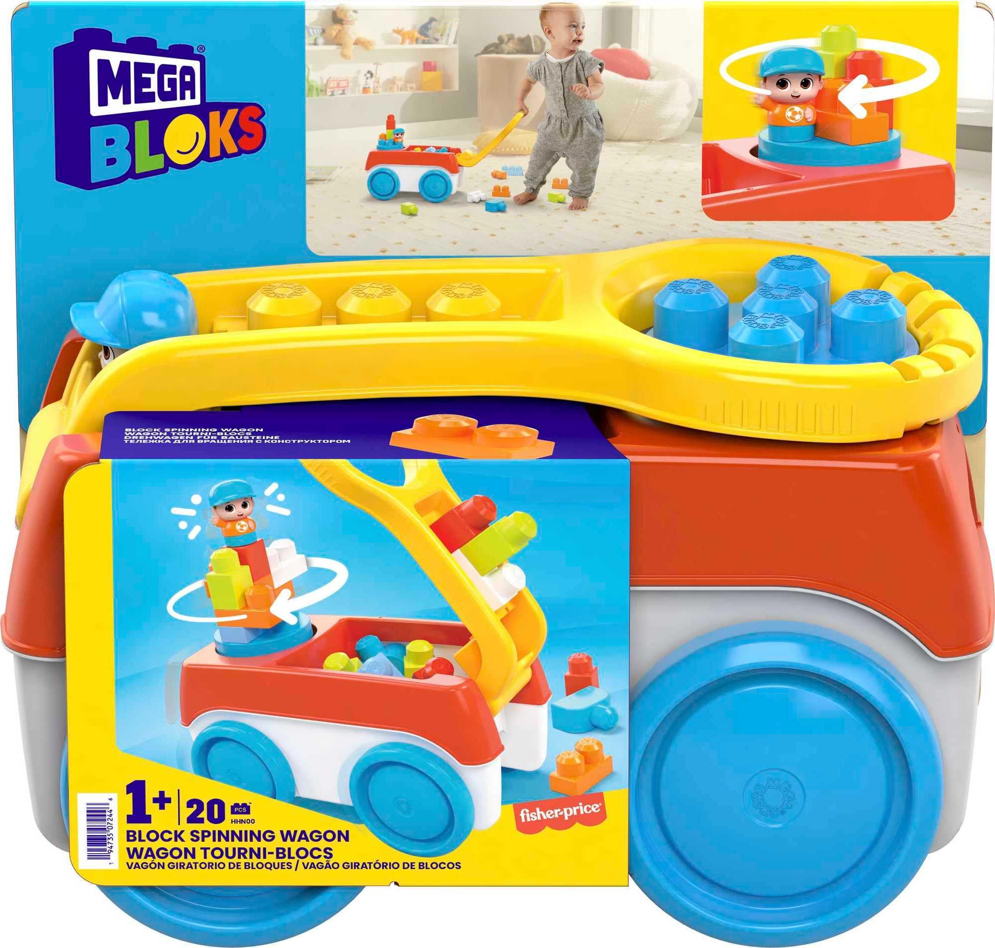 Mega BLOKS First Builders Toddler Building Toy Set, Block Spinning Wagon with 20 Pieces and Storage, 1 Figure, Ages 1+ Years
