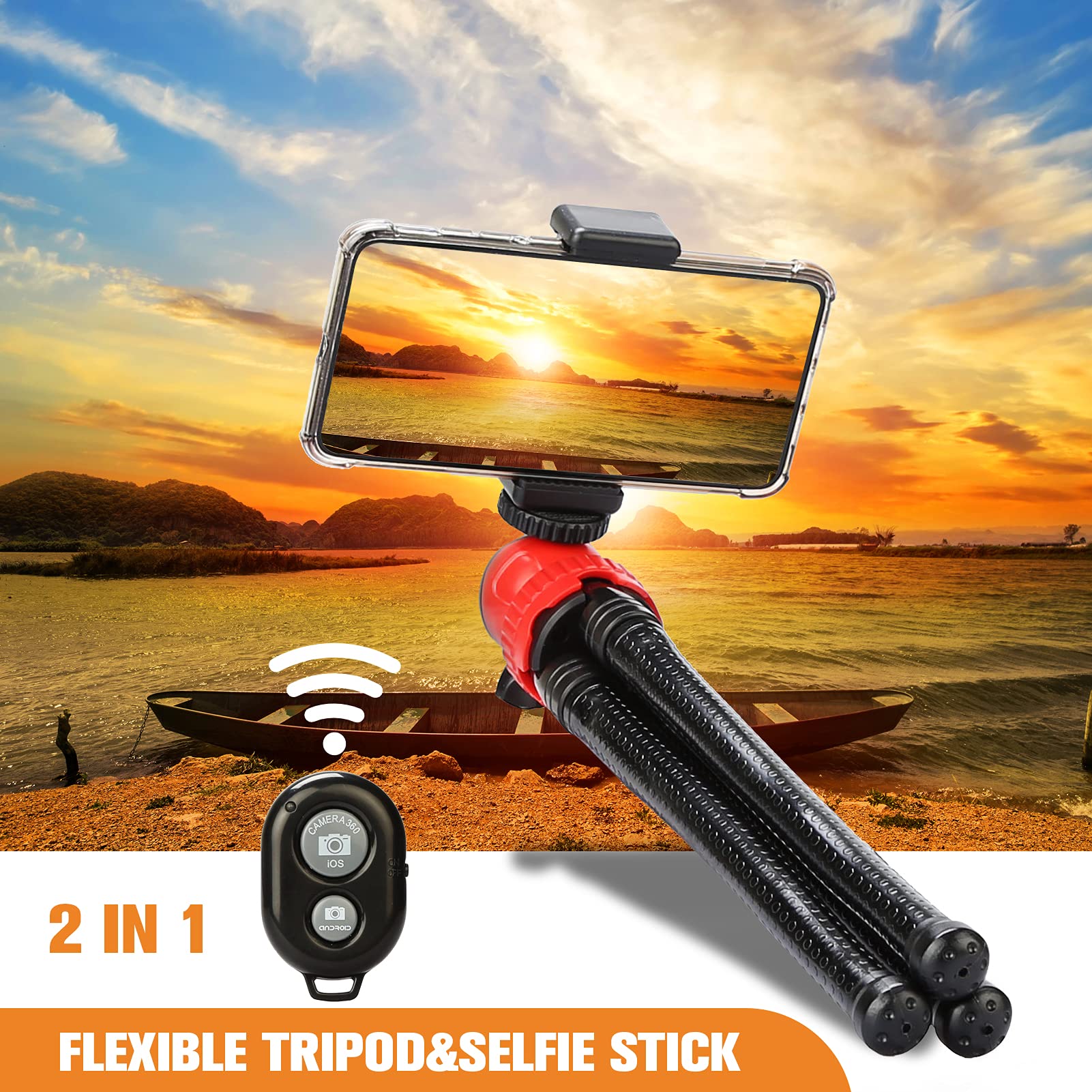 Bendable Tripod for iPhone, Mini Flexible Tripod, Bendy Tripod for Camera/DSLR/Gopro, Nikon/Canon Vlogging Tripod with Wireless Remote Control, Phone Clamp & Bendable Octopus Legs