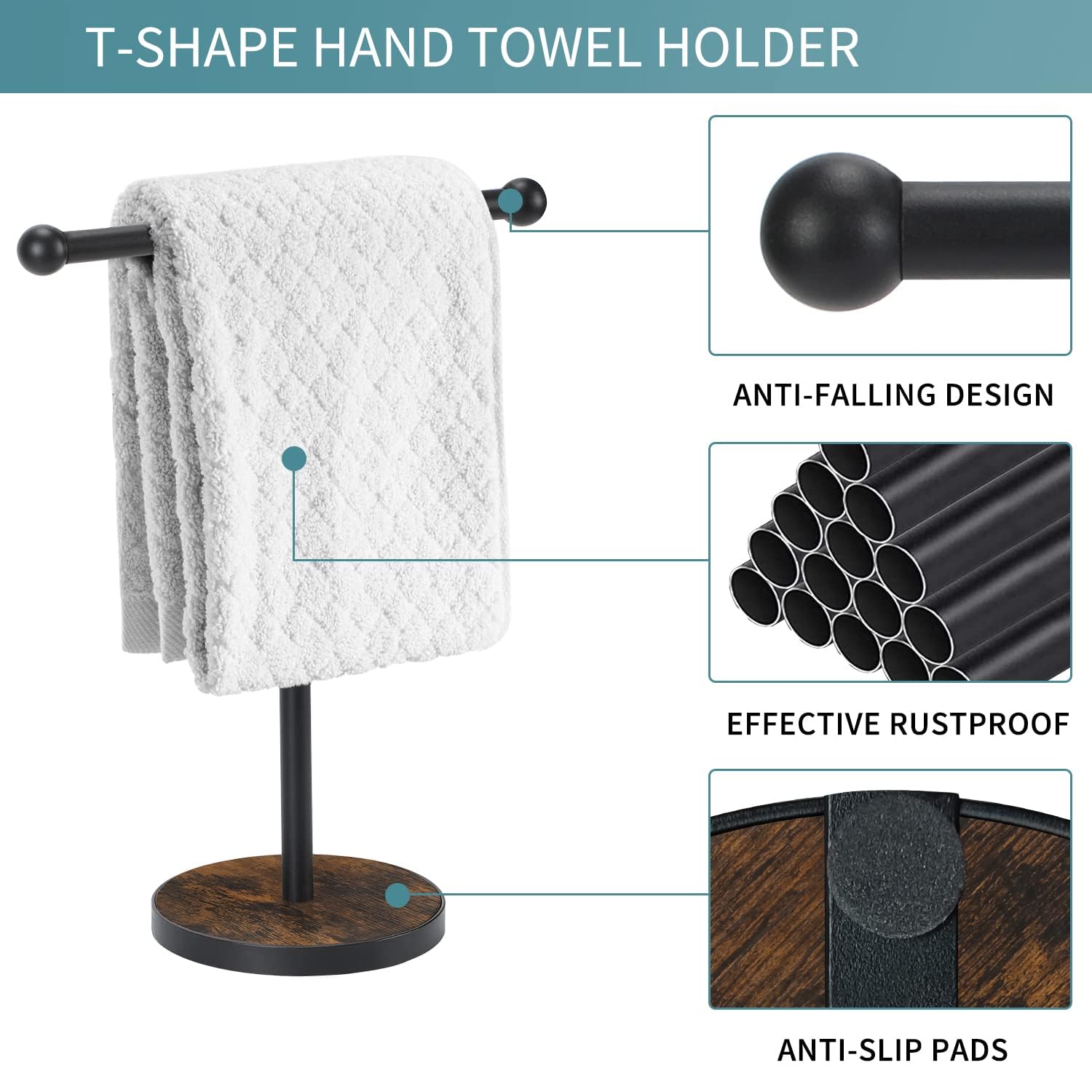 YINMIT Hand Towel Holder Stand, Matte Black T-Shape Free Standing Hand Towel Holder for Bathroom with Heavy Base, Height 15β Wood Countertop Towel Holder for Bathroom Kitchen Countertop Vanity