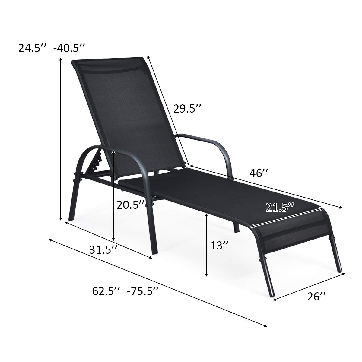 Giantex 2 Pcs Lounge Chairs Patio Furniture, Backyard Lawn Sling Chaise w/Adjustable Back, Folding Recliners for Outdoor, Black