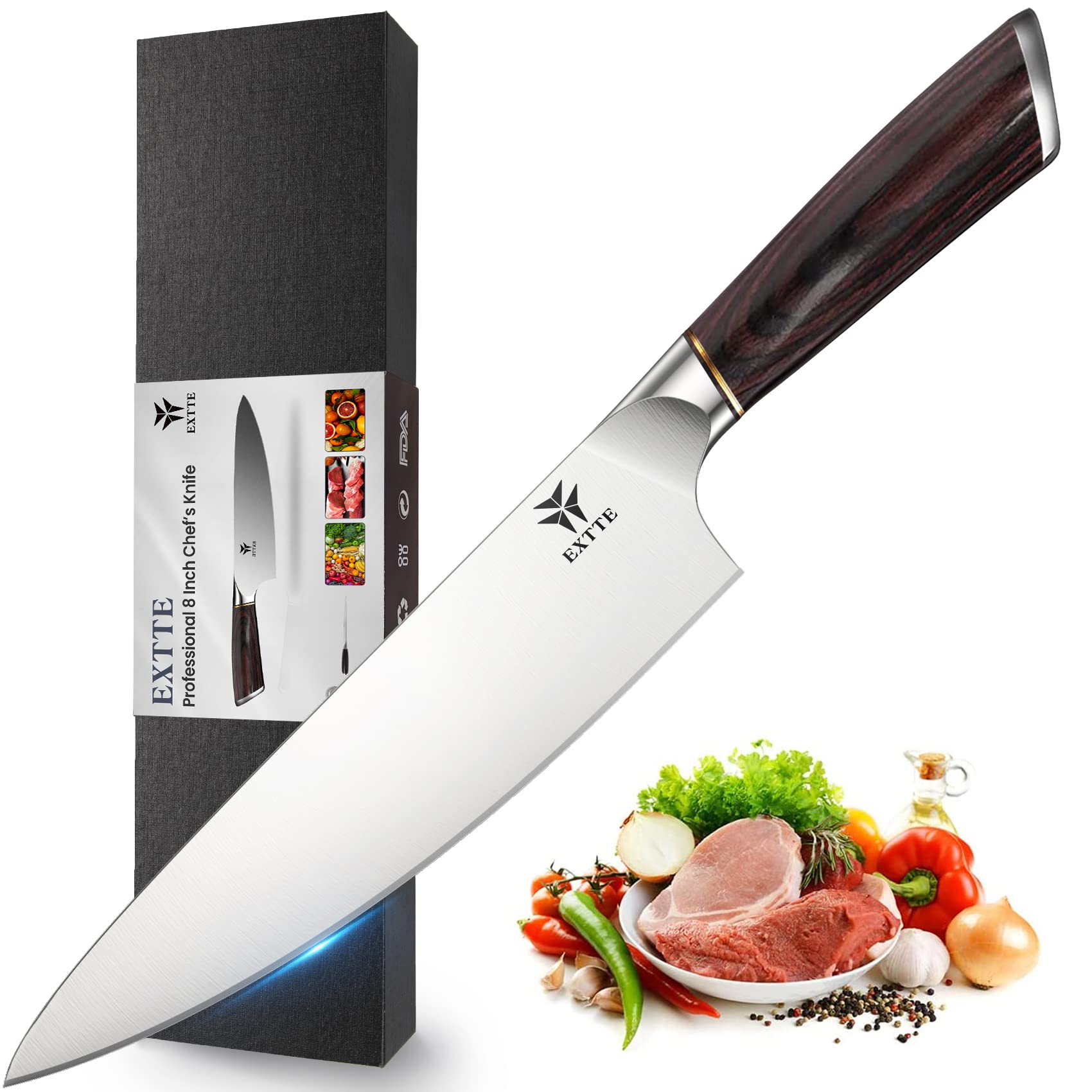 EXTTE Chef Knife 8 Inch, Professional Sharp Kitchen Knife, High Carbon German Stainless Steel Chef's Knives for Cooking, Rust Resistant with Ergonomic Pakkawood Full Tang Handle