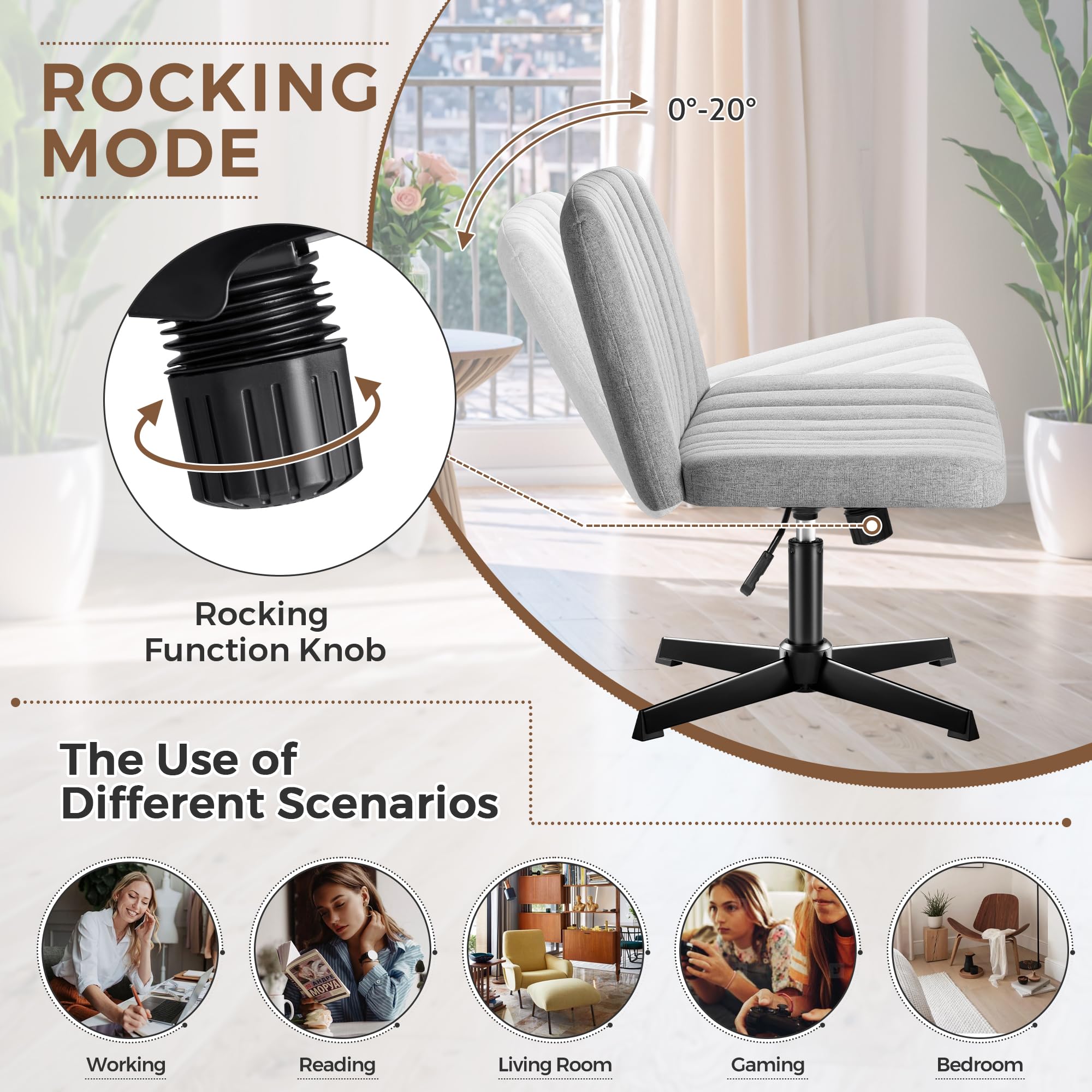 YESHOMY Cross Legged Armless Wide Adjustable Swivel Padded Linen Fabric Home Office Desk Chair No Wheels, Set of 1, Light Grey