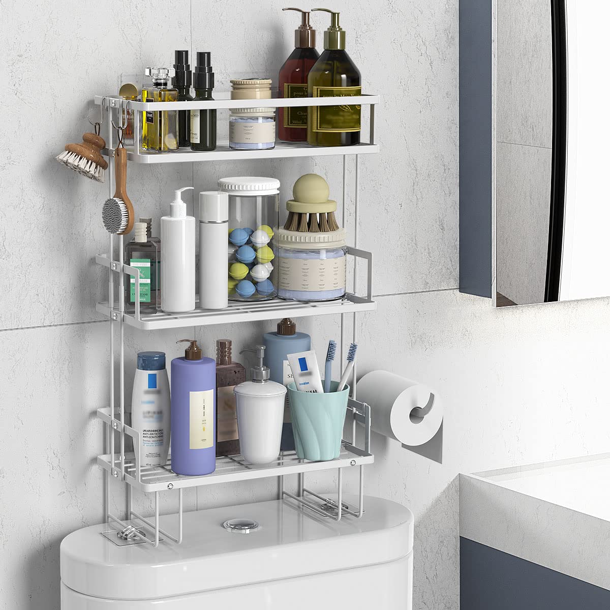 FLOLXNB Over The Toilet Storage,3-Tier Bathroom Organizer Shelves with Paper Holder, Multifunctional Toilet Rack,No Drilling Storage Shelf, Home Storage Space Saver Wall Mounting Design,White