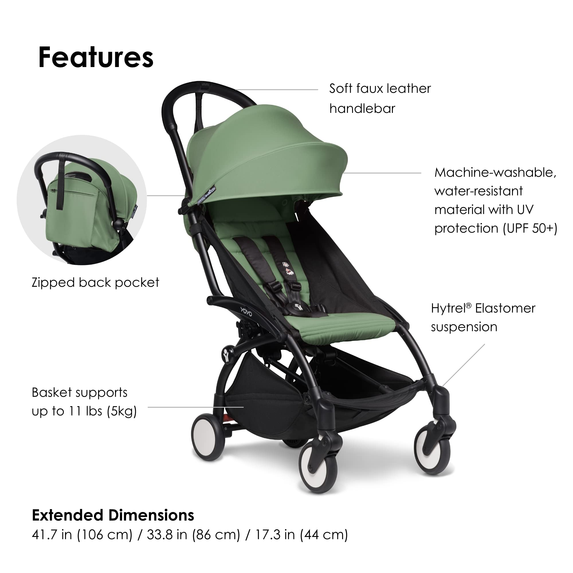 BABYZEN YOYO2 Stroller - Lightweight & Compact - Includes Black Frame, Peppermint Seat Cushion + Matching Canopy - Suitable for Children Up to 48.5 Lbs