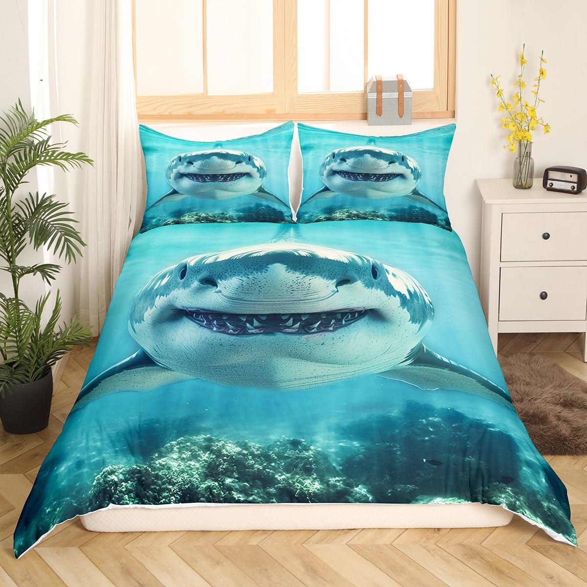 Shark Pattern Bedding Set Twin Size for Kids Boys Bedroom,Sea Animals Bed Duvet Cover Set,Shark Fish Print Comforter Cover Hawaiian Beach Decor 2 Pieces 1 Duvet Cover with 1 Pillowcase(No Comforter)
