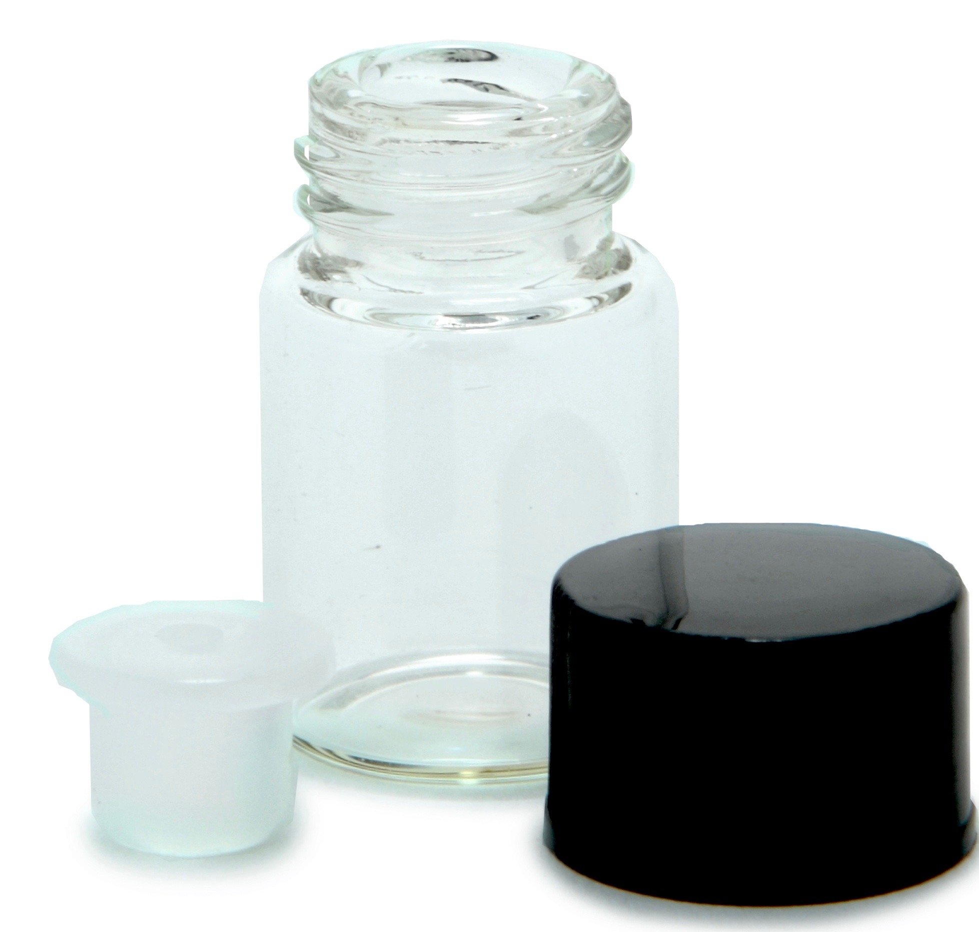 Vivaplex, 24, Clear, 2 ml (5/8 Dram) Glass Bottles, with Orifice Reducers and Black Caps