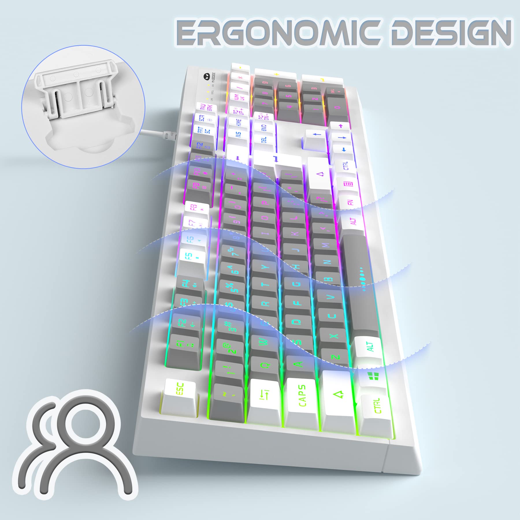 Camiysn Mute Gaming Keyboard, 7 Colorful Rainbow Backlight Classic Armor 104Keys Gaming Keyboard with Waterproof Gaming Keyboard for PC/Laptop - Grey White