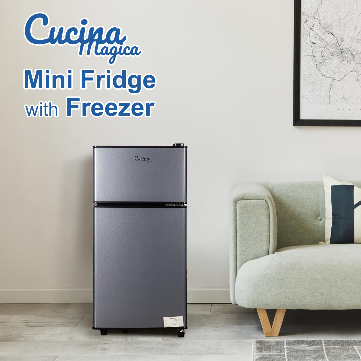 Cucina Magica Mini Fridge with Freezer, 3.2 cuft Small Refrigerator, 7 Adjustable Thermostat, Energy Saving, Low Noise, Double Door Compact Refrigerator for Dorm, Bedroom, Office