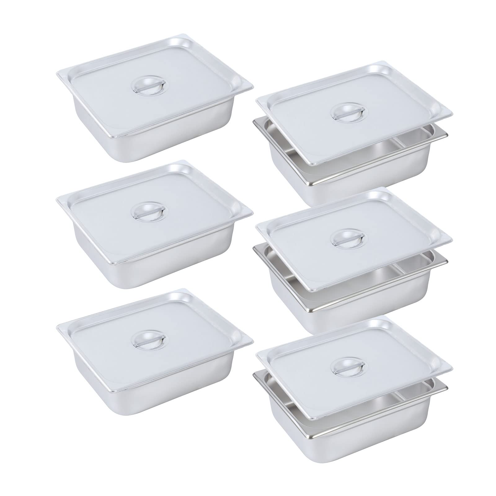 BIEAMA 6-Pack Hotel Pans with Lid, 1/2 Size 4" Deep, NSF, Catering Food Pan, Commercial Stainless Steel Pan with Cover
