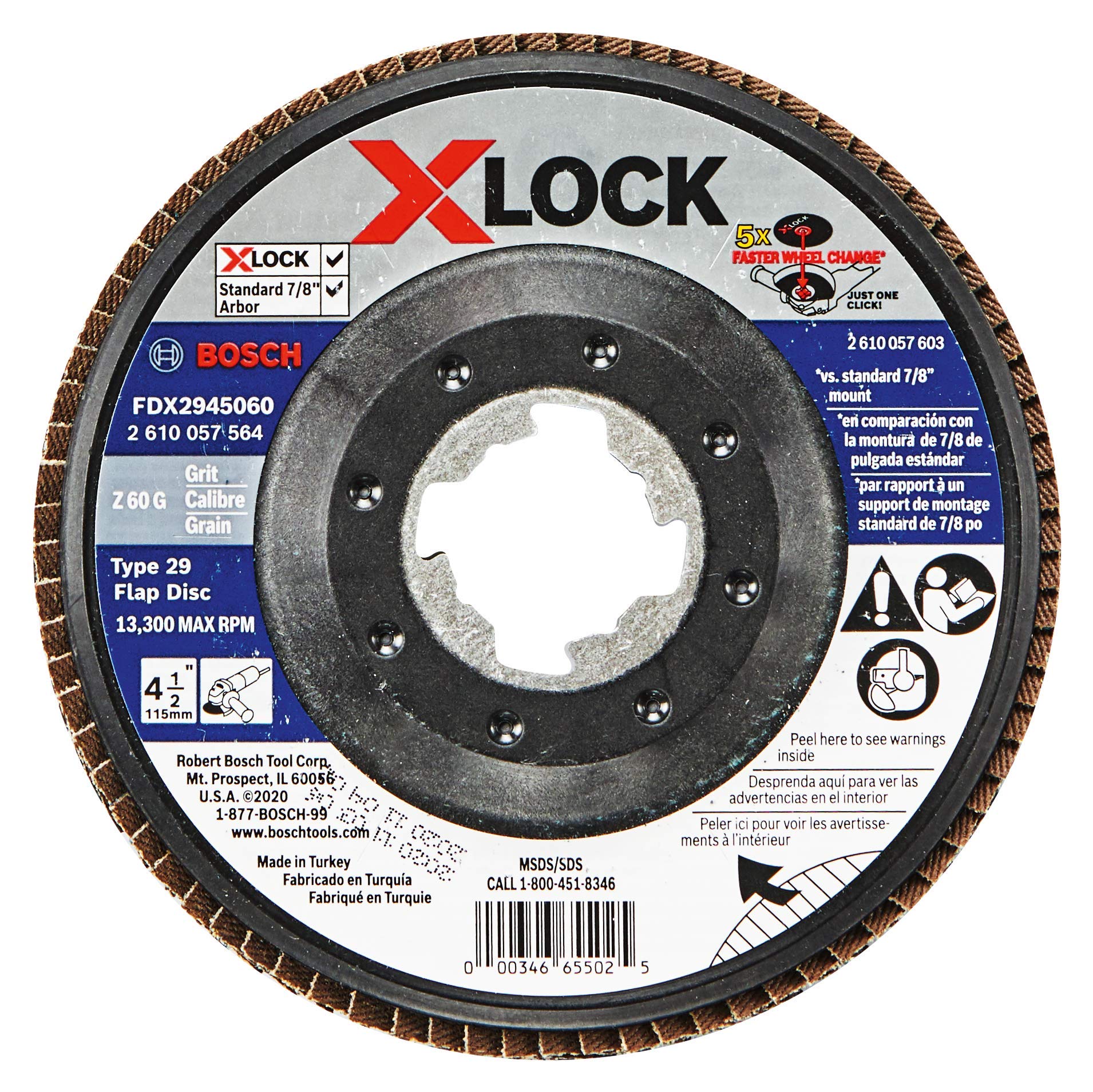 BOSCH FDX2745060 1-Piece 4-1/2 In. X-LOCK Flap Disc 60 Grit Compatible with 7/8 In. Arbor Type 27 for Applications in Metal Blending and Grinding