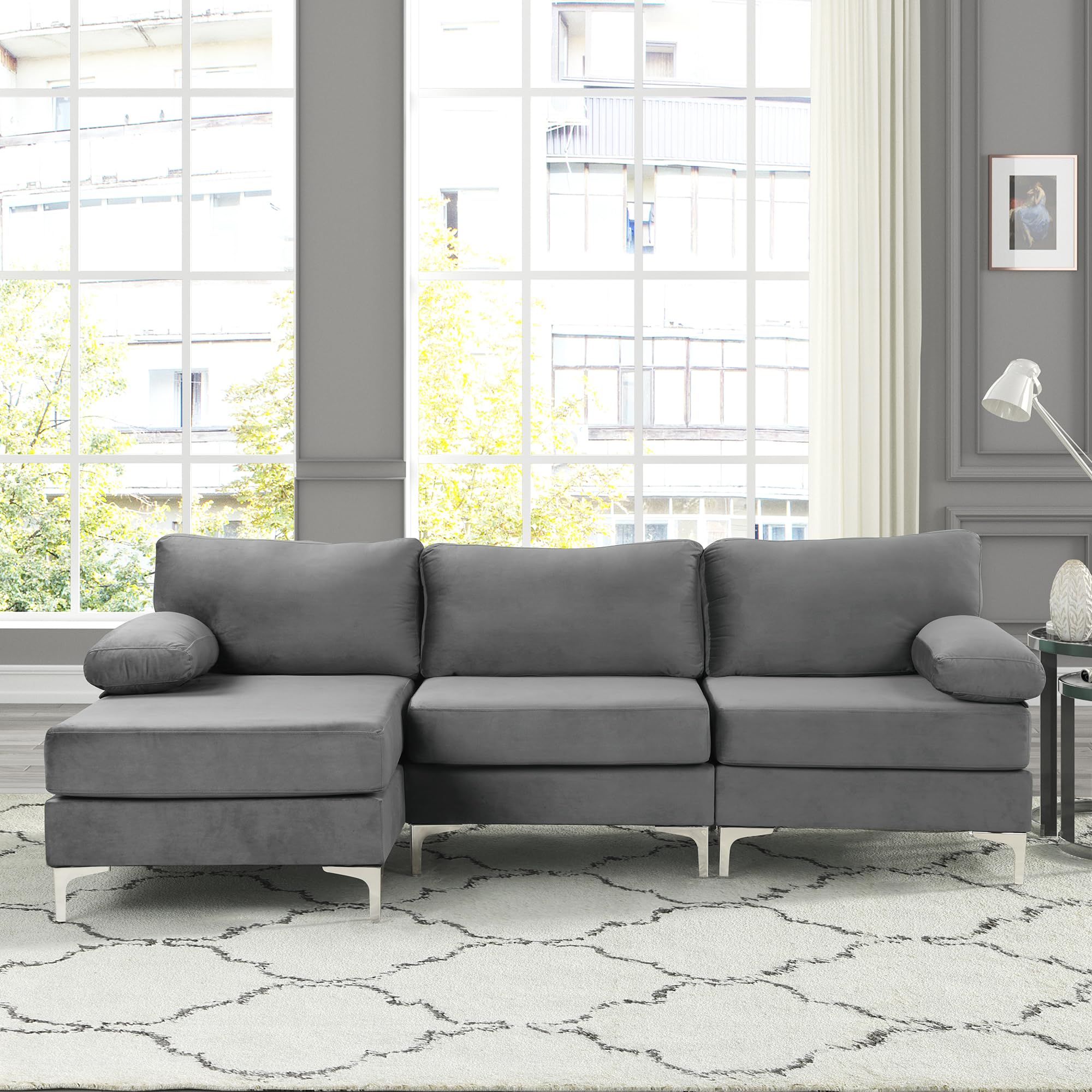 Casa Andrea Milano llc Modern Large Velvet Fabric Sectional Sofa L Shape Couch with Extra Wide Chaise Lounge