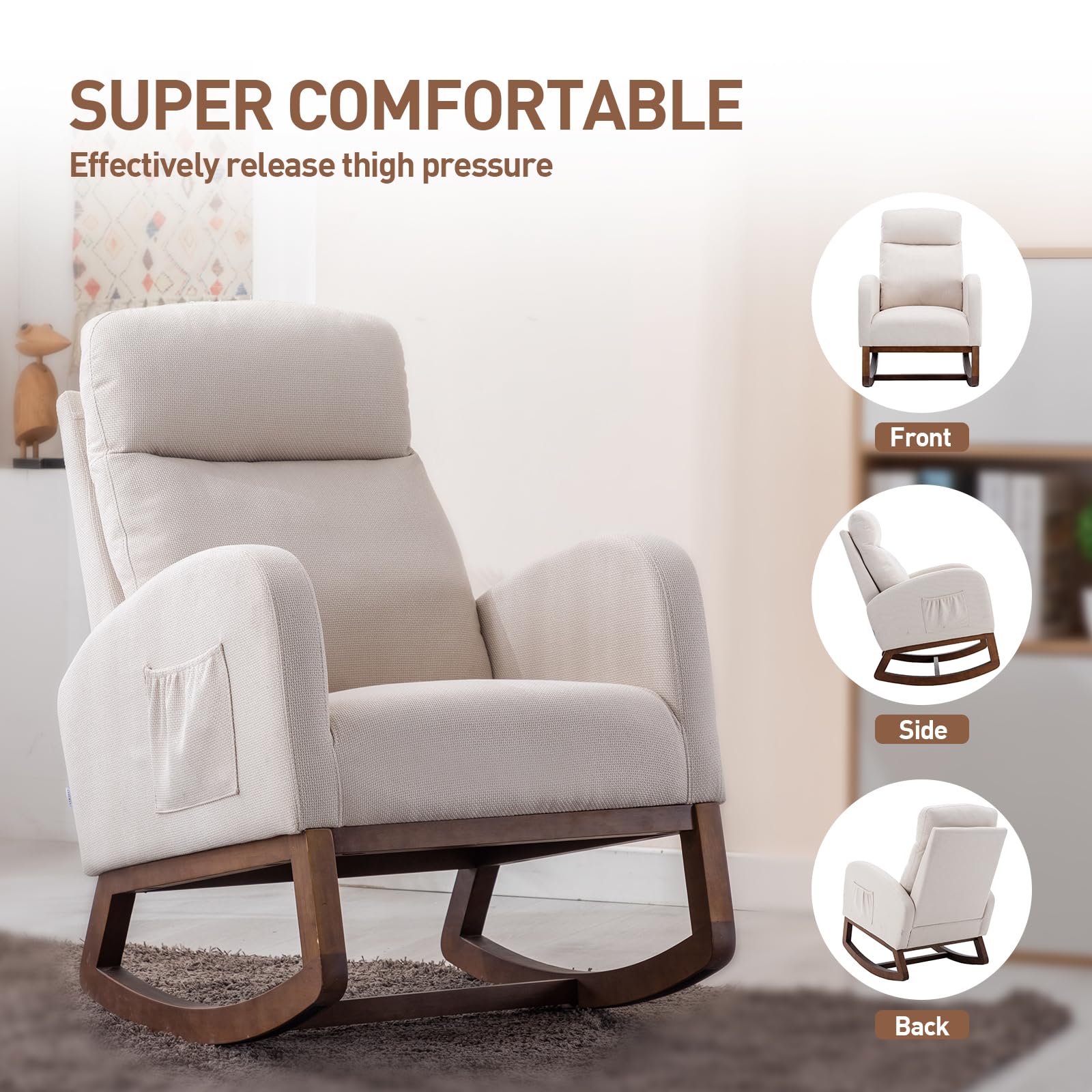 BIGTREE Modern Rocking Chair, Nursery Glider Rocker with Upholstered 2 Side Pocket Comfortable Armchair and High Backrest Accent Indoor for Living Room Lounge