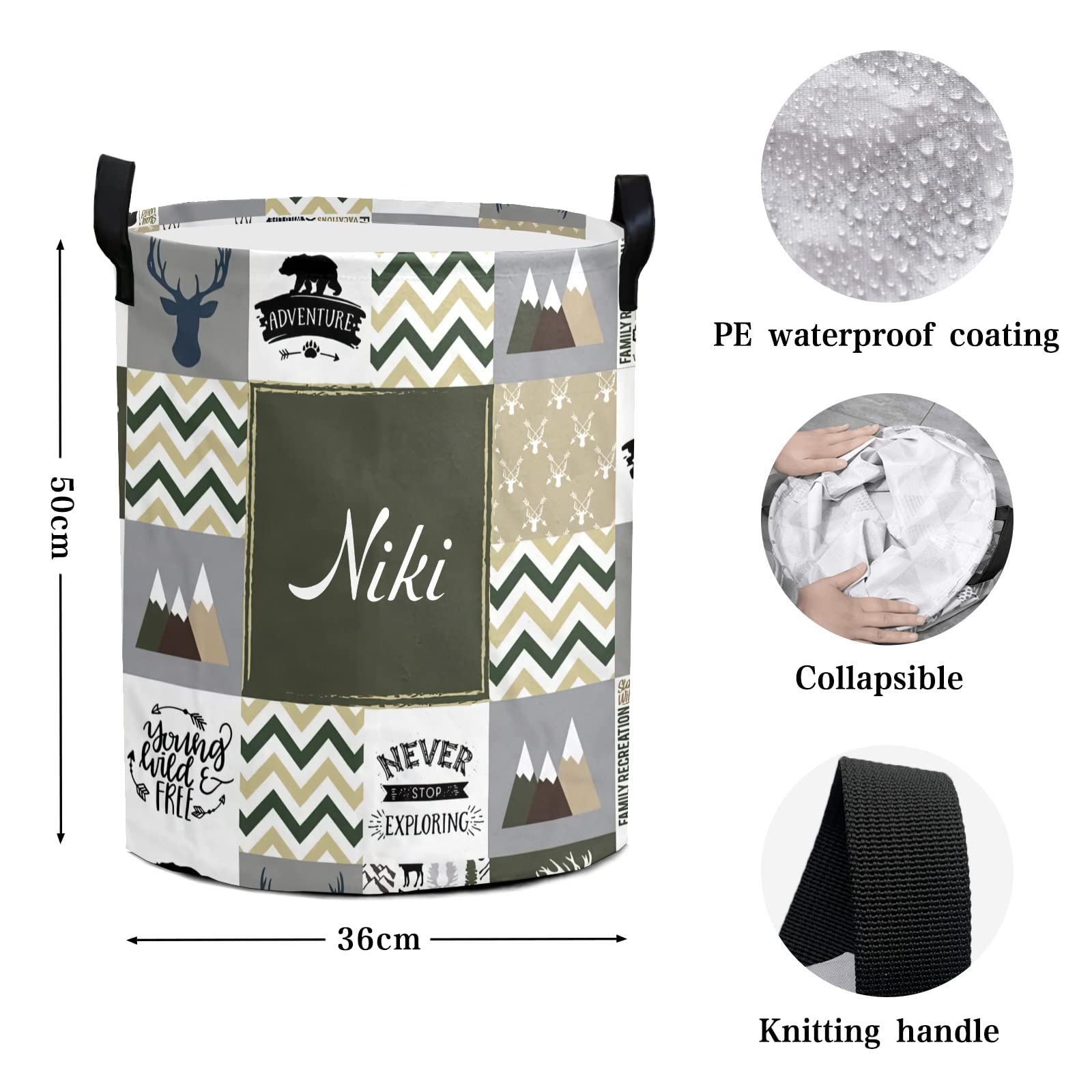 Camo Woodland Animals Laundry Basket Personalized with Name Laundry Hamper with Handle Clothes Bag Bin for Bedroom Baskets