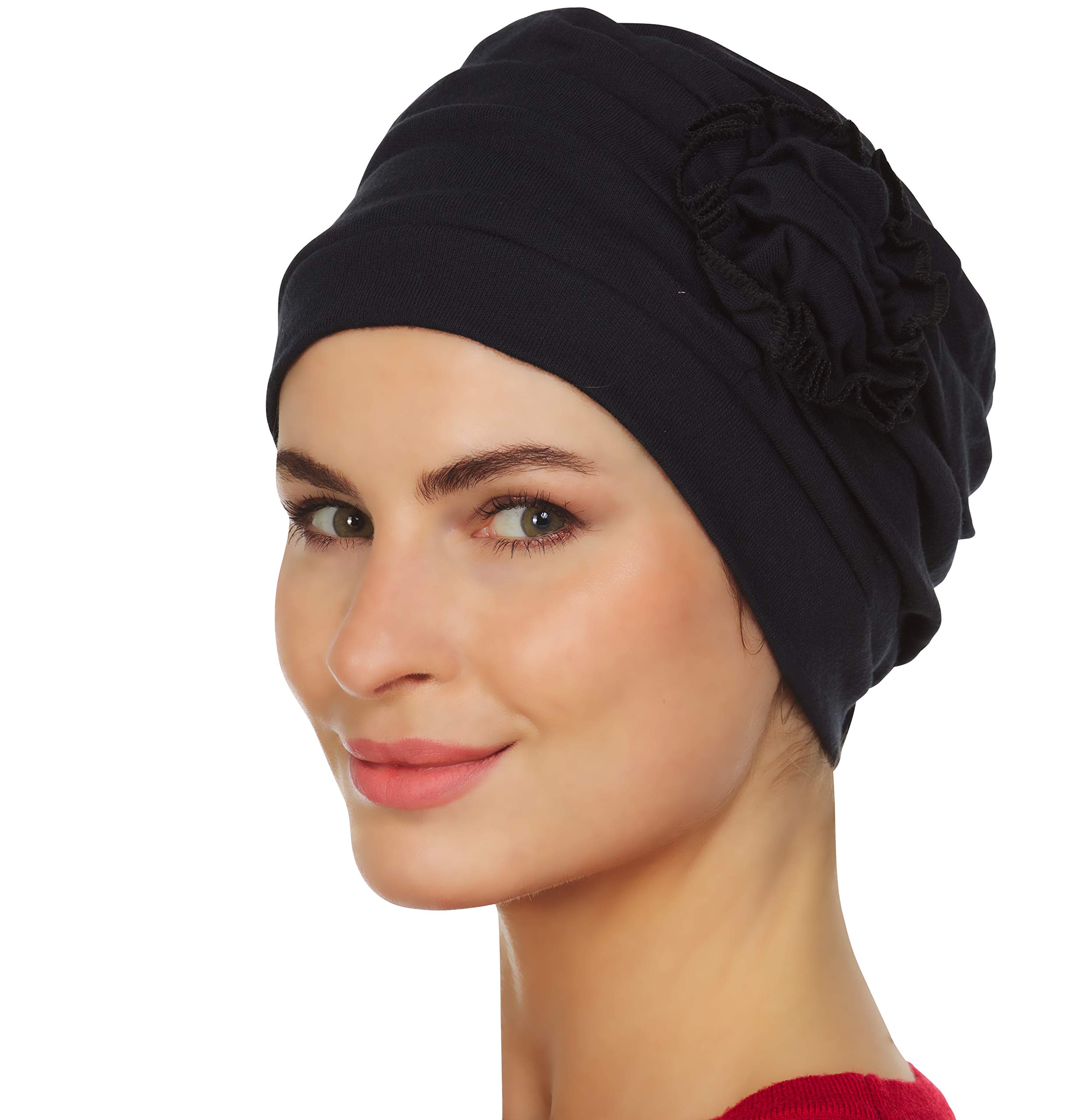 BEEMO Women’s Gathered Pleated Cancer Chemo Turban - Comfortable and Stylish - Black