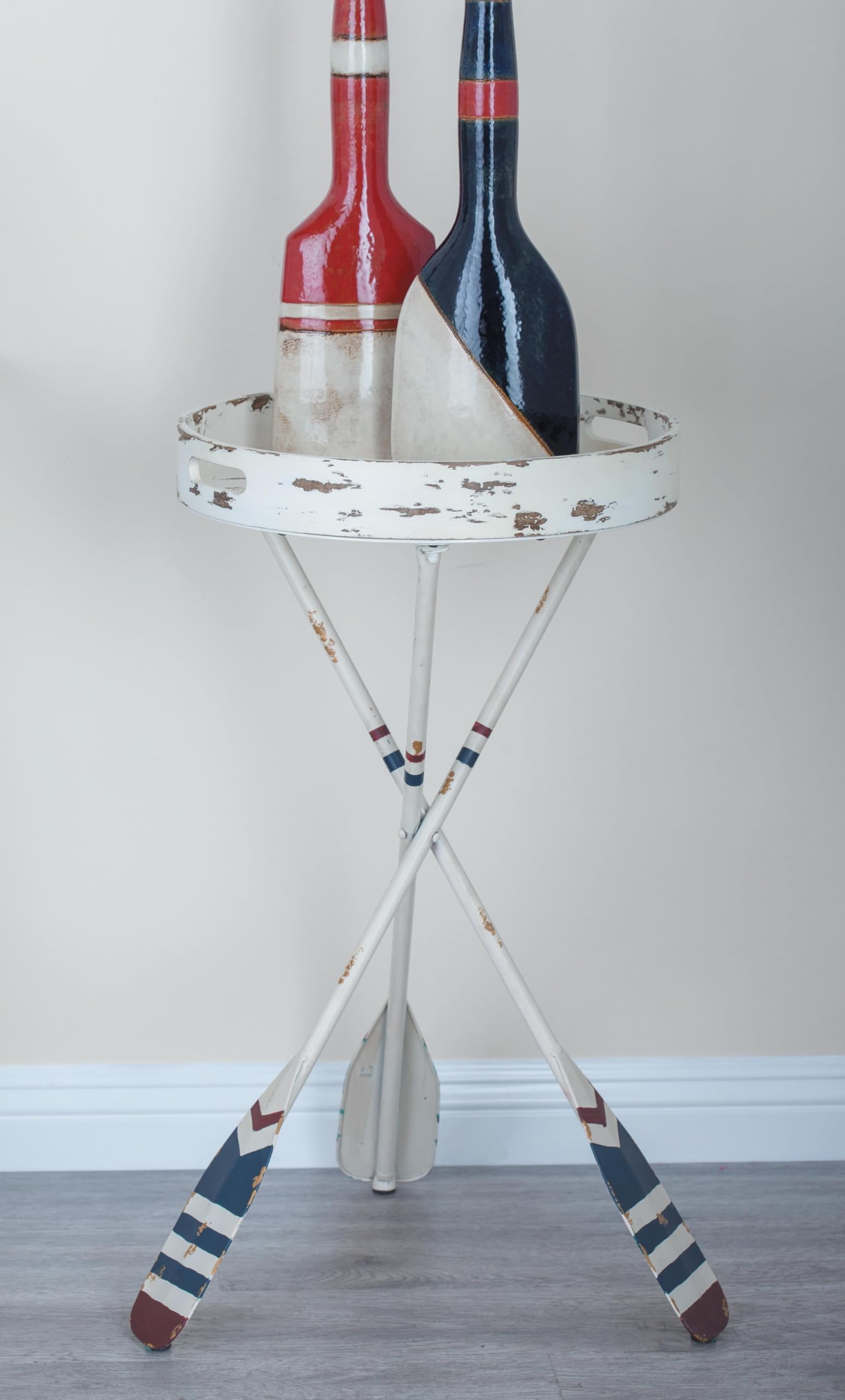Deco 79 Metal Paddle Side End Accent Table Distressed Striped End Table with Navy and Red Striped Oar Legs, Side Table 16" x 16" x 28", White