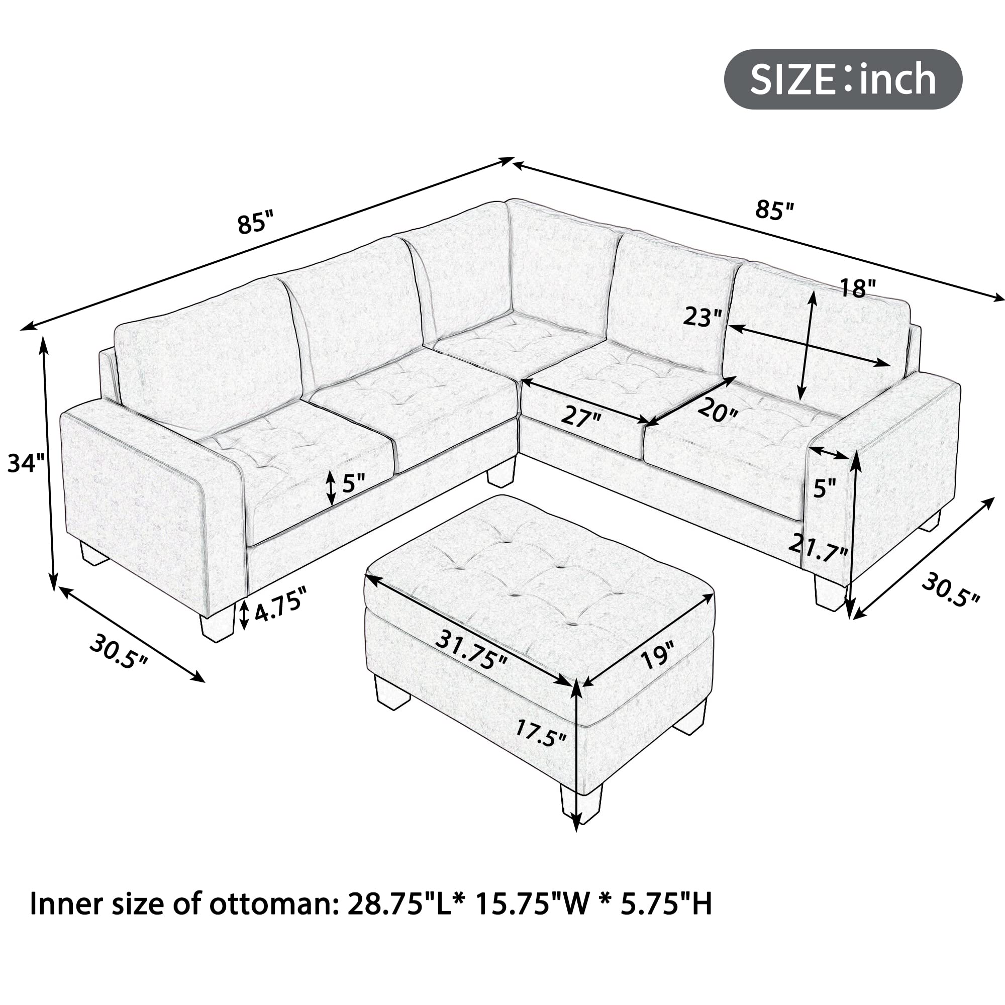 Merax 2 Piece Sectional Corner Sofa, Living Room Modern Velvet Couch Space Saving Cup Holders, L-Shape with Storage Ottoman, Silver Grey