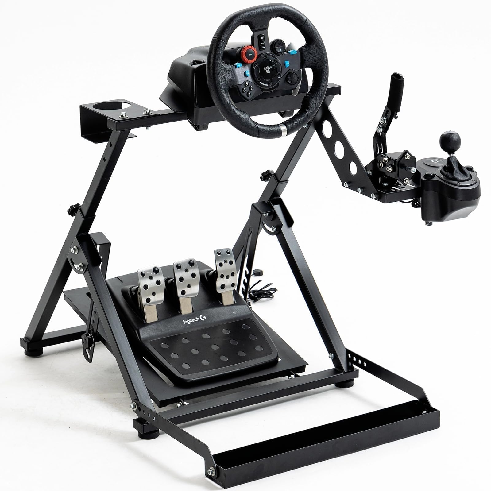 Hottoby X-Shaped Foldable Racing Steering Wheel Stand With Seat Fixing Slot and Water Cup Holder Fit for Logitech/Thrustmaster/Moza G29, G920, G923, T300RS Adjustable Racing Simulator Cockpit No Wheel
