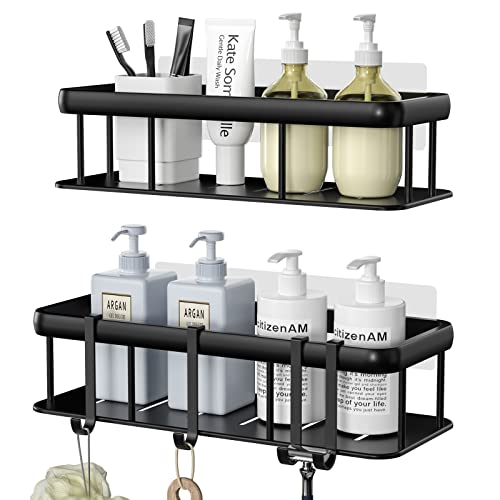 Midphorn 2-Pack Adhesive Shower Caddy, No Drilling Shower Shelf with Hooks Rustproof Wall Mounted Shower Organizer for Inside Shower Bathroom Storage Shampoo Holder, Matte Black
