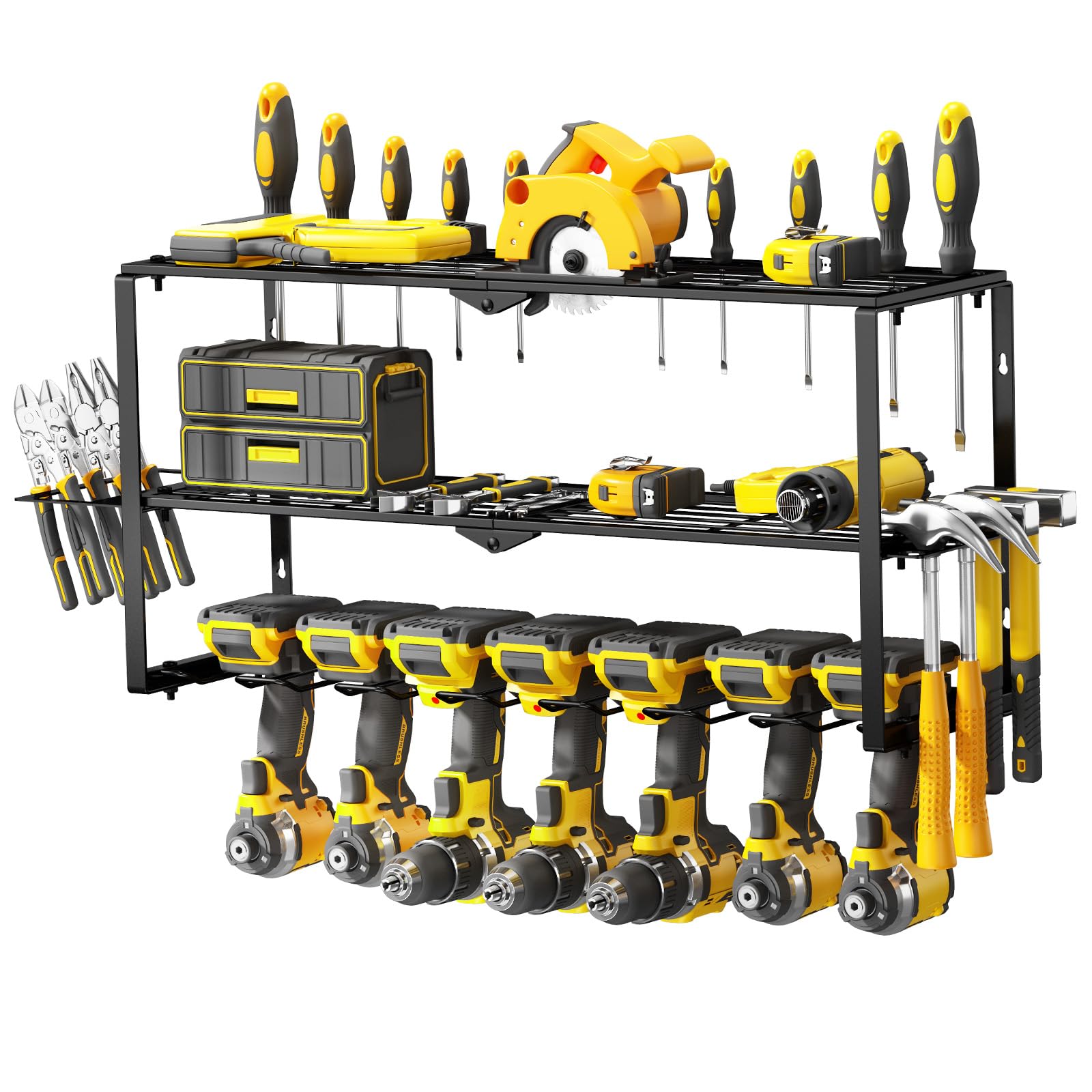 DQAVPFTRE Power Tool Organizer, Garage Tool Organization with 7 Drill Holders, Large Size & Easy Assembly Heavy Duty Metal 3 Layers Tool Shelf for Garage Organization