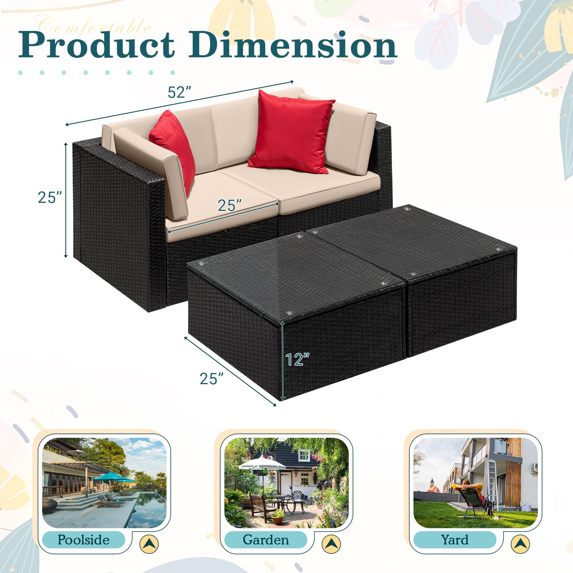 Devoko 4 Piece Patio Furniture Set PE Wicker Sectional Sofa Set Rattan Outdoor Conversation Set with Padded Cushions for Balcony, Backyard, Garden(4 Piece, Beige)