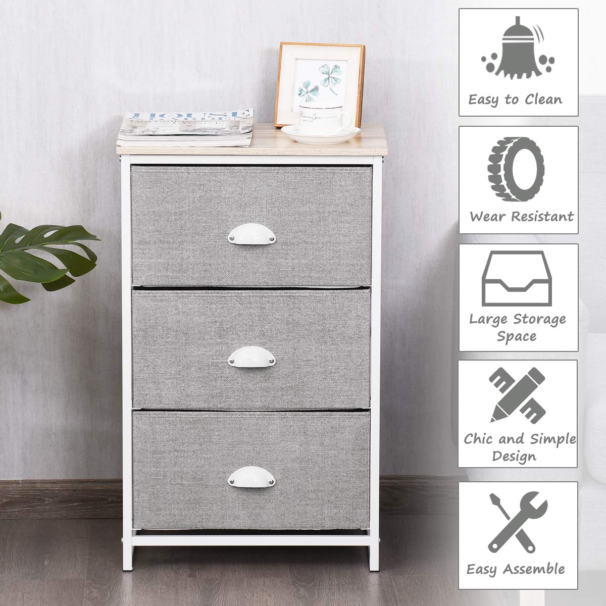 Giantex Dresser Storage Tower Nightstand W/Fabric Drawers, Sturdy Steel Frame and Wood Top Organizer Unit for Bedroom, Living Room, Entryway,Closets End Table Storage Unit (29ββ(H), White)
