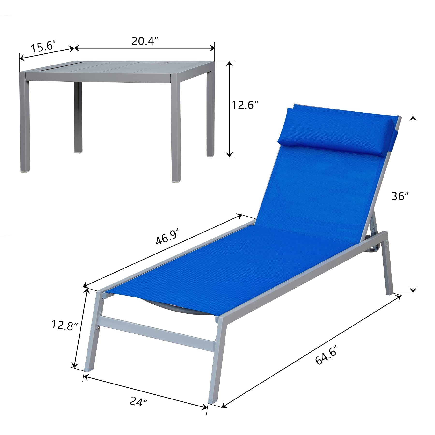Domi 3 Pieces Adjustable Chaise Lounge Set Outdoor Patio Lounge Chair All Weather Five-Position Recliner Chair Set w/Coffee Table for Patio, Pool, Yard (Blue)