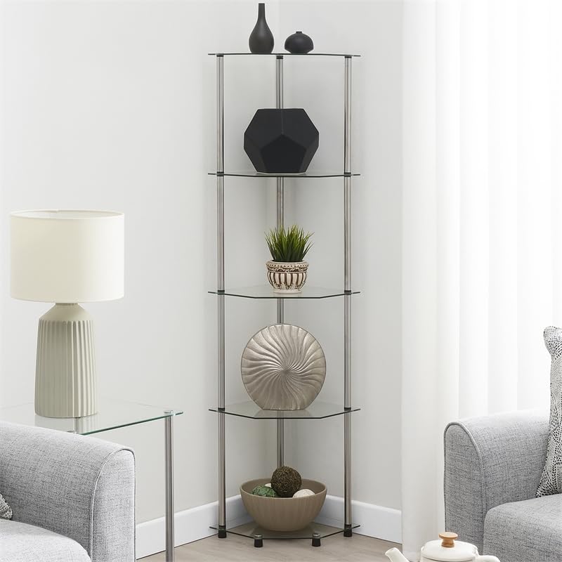 Casafoyer Designs2Go Classic Glass Five-Tier Corner Tower|Clear Tempered Glass Shelves|Stainless Steel Legs|Easy Assembly|60.25" Height