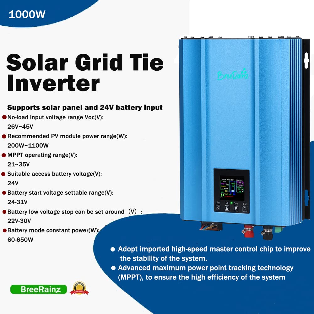 BreeRainz 1000W Solar Grid Tie Inverter with Limiter Sensor,Support 24V Battery or Solar Panel(Voc 26V~45V) Input,MPPT/Pure Sine Wave Output