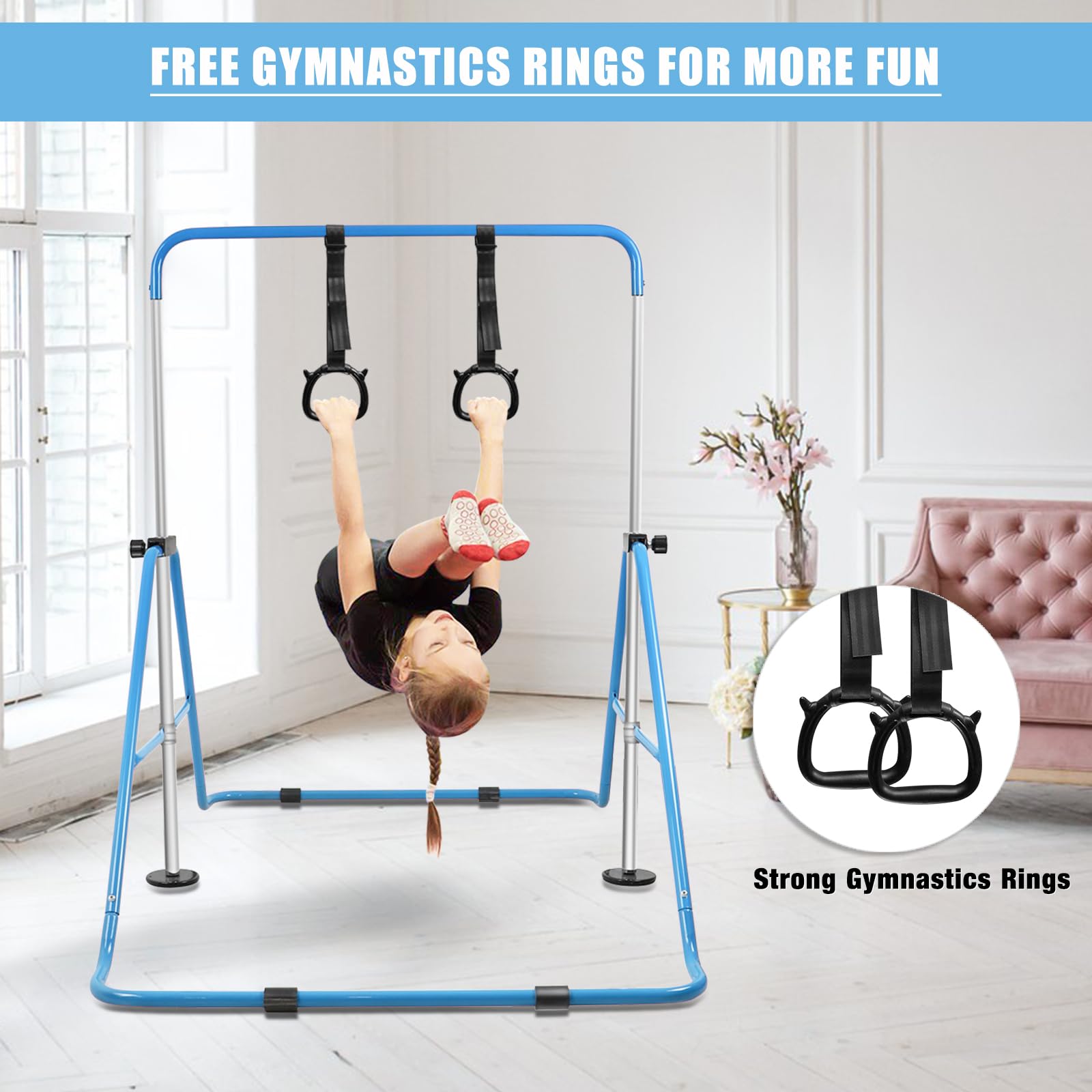 BEEYEO Kids Gymnastics Bar for Home Expandable Adjustable Height Junior Gymnastic Equipments Horizontal Bars Training Kip Bar Equipment for Home/Floor/Practice/Gymnastics (Pink)