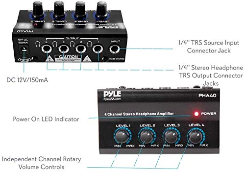 PYLE-PRO 4-Channel Portable Stereo Headphone Amplifier-Professional Multi-Channel Mini Earphone Splitter Amp w/4 ¼” Balanced TRS Headphones Output Jack and 1/4' TRS Audio Input For Sound Mixer-PHA40.