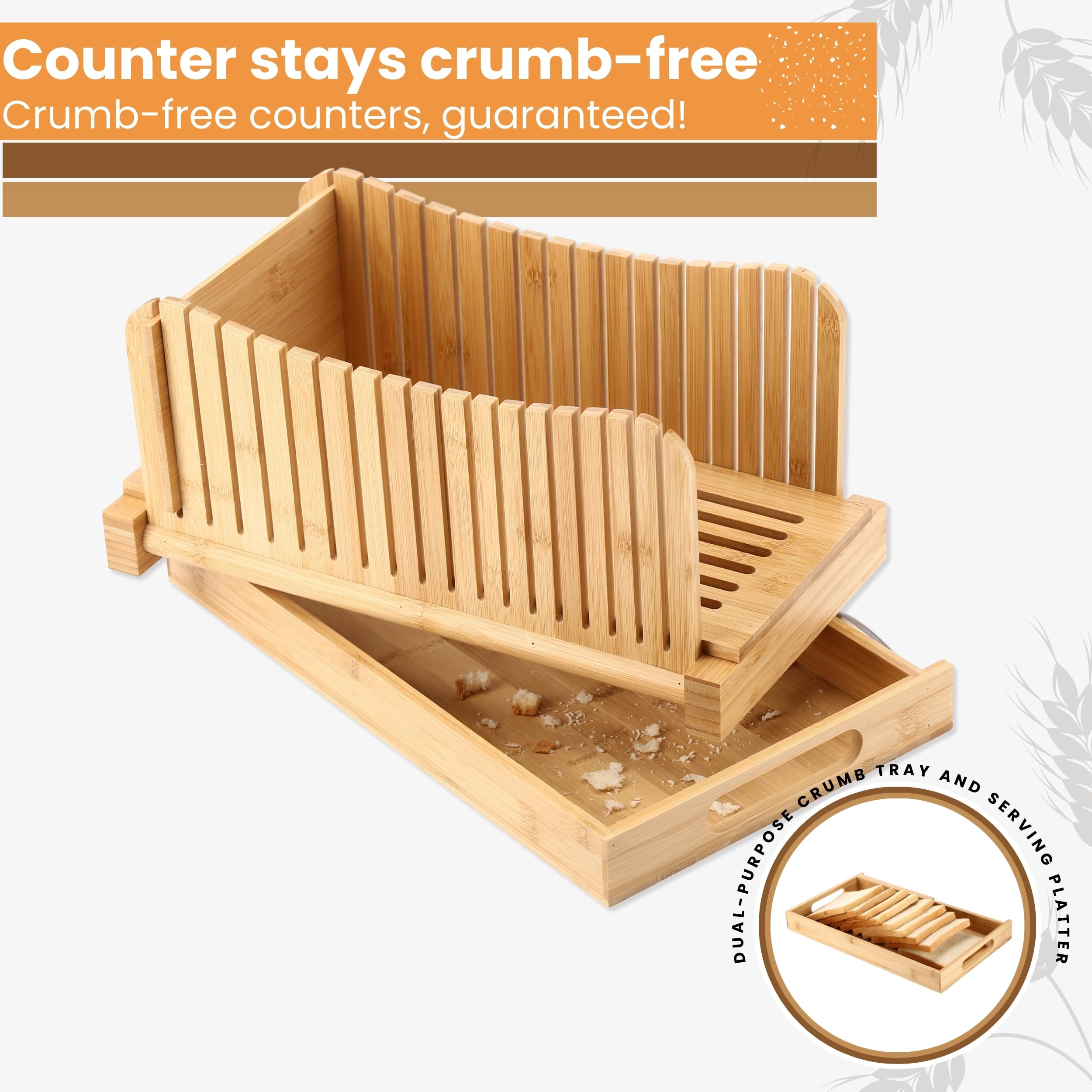 Deen Dynamics Premium Bamboo Bread Slicer for Homemade Bread, Bread Slicer with 3 Slice Thickness, Foldable bread slicer with Stainless steel knife and Compact Chopping Cutting Guide with Crumb Tray