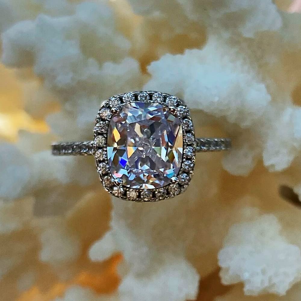 BeFab 2.25 Ct Cushion Cut Anniversary Ring Cubic Zirconia Accented Halo Engagement Ring (Silver, 7)