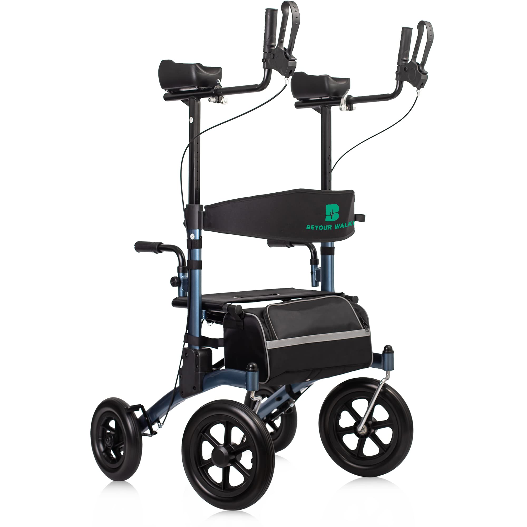 BEYOUR WALKER All-Terrain Upright Rollator Walker, Stand Up Rolling Walker with Non-Pneumatic Tire 12” Front Wheels, Compact Folding for Seniors, Blue