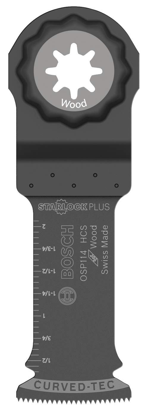 BOSCH OSP114 1-Piece 1-1/4 In. StarlockPlus Oscillating Multi Tool Wood Curved-Tec High-Carbon Steel Plunge Cut Blade for Heavy-Duty General-Purpose Applications in Wood