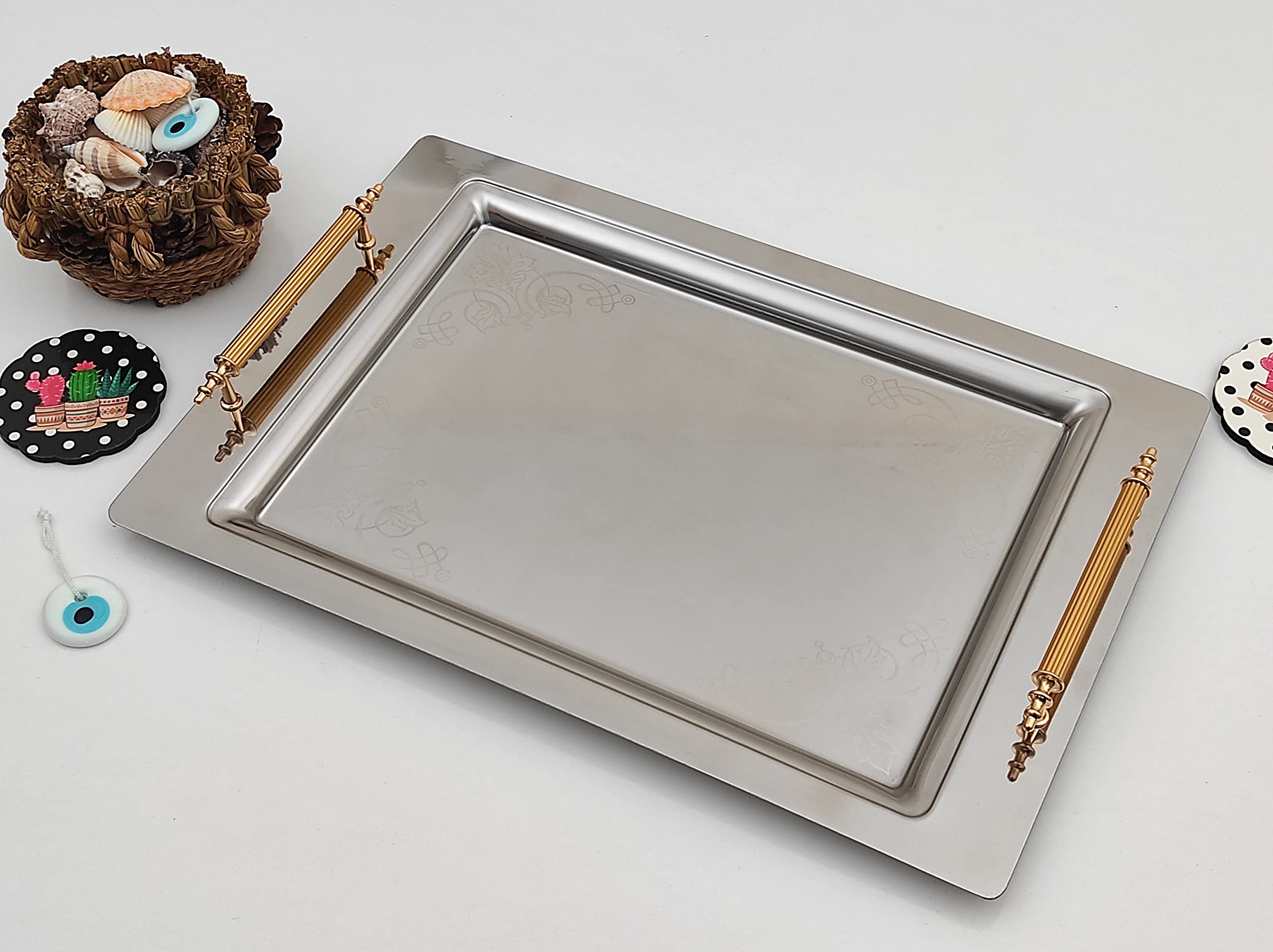 Candymosa Silver Serving Tray with Handles (18βx12β) - Stainless Steel Serving Tray for Drinks and Food - Silver Tray Decorative - Ideal as a Coffee Tray, Bar Tray, Silver Platter or Turkish Tray