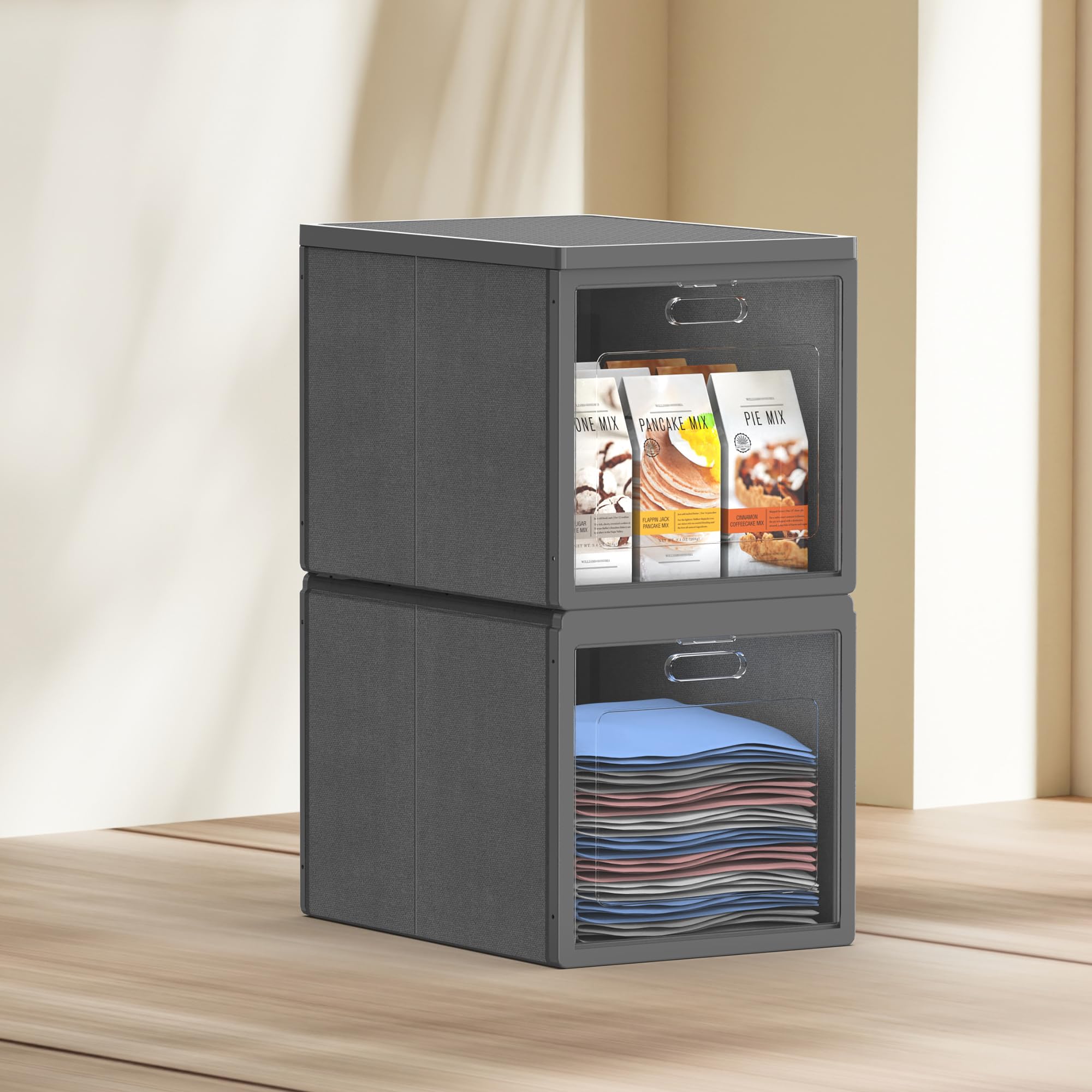 Domsanistor 4 GridsFolding Storage Bins with Lids, Stackable ClosetOrgamizers,Collapsible Storage Boxes, Fabric-PlasticStorage Bins with Door for Clothes, Shoes 11.8x15.75x39.37 inches