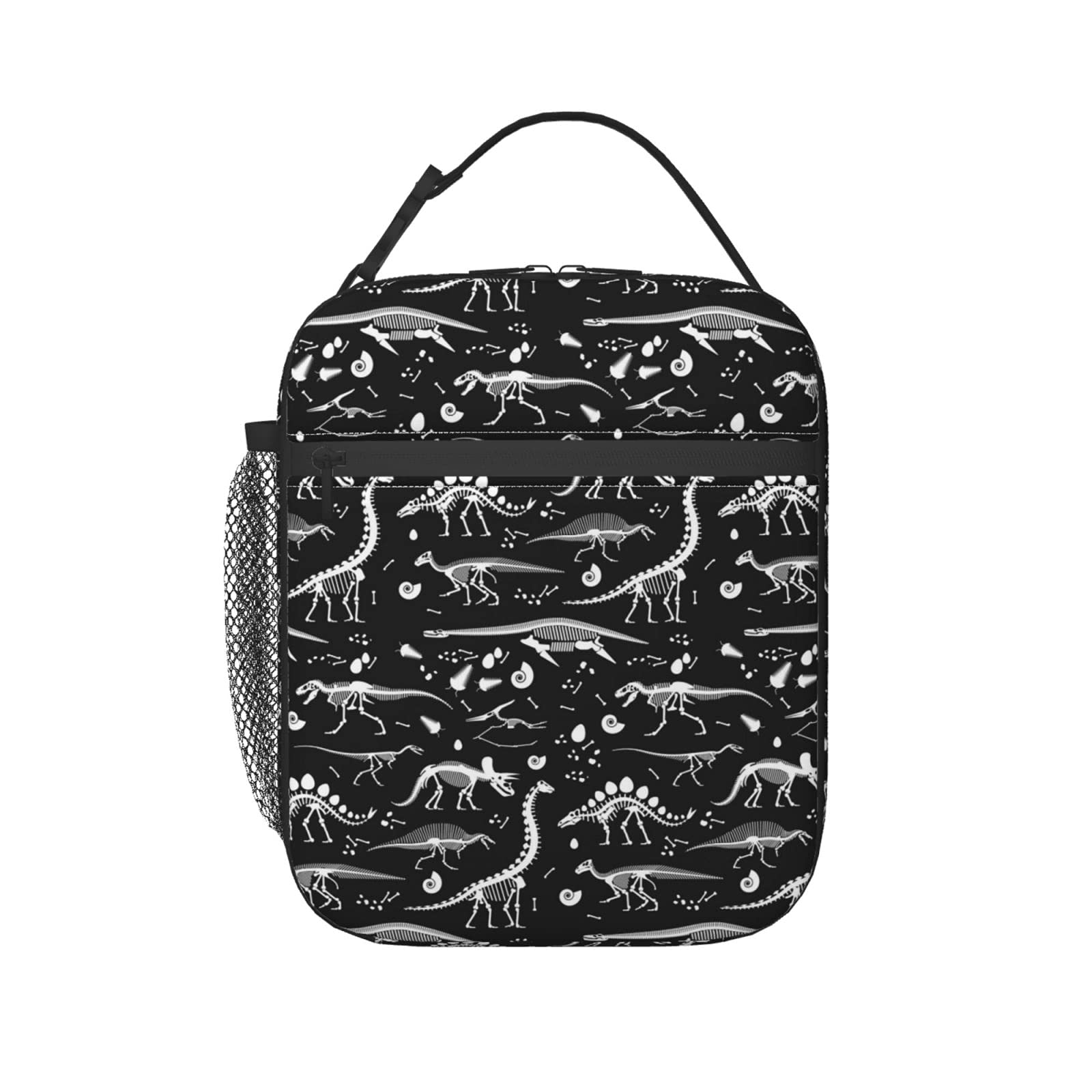 Black and White Dinosaur Skeleton Lunch Bag Insulated Lunch Box Cooler Tote with Shoulder Strap for Boys Girls Women Men
