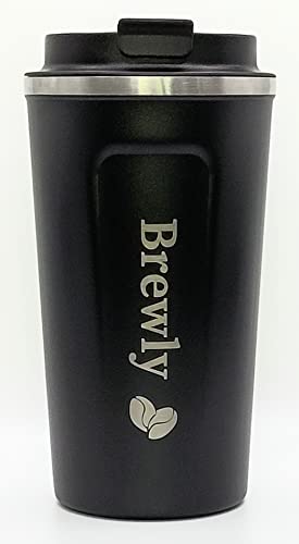 Brewly 17 oz Stainless Steel Vacuum Insulated Tumbler - Coffee Travel Mug Spill Proof Lid - Great for Coffee or Tea - Black, US Based Brand (Black)