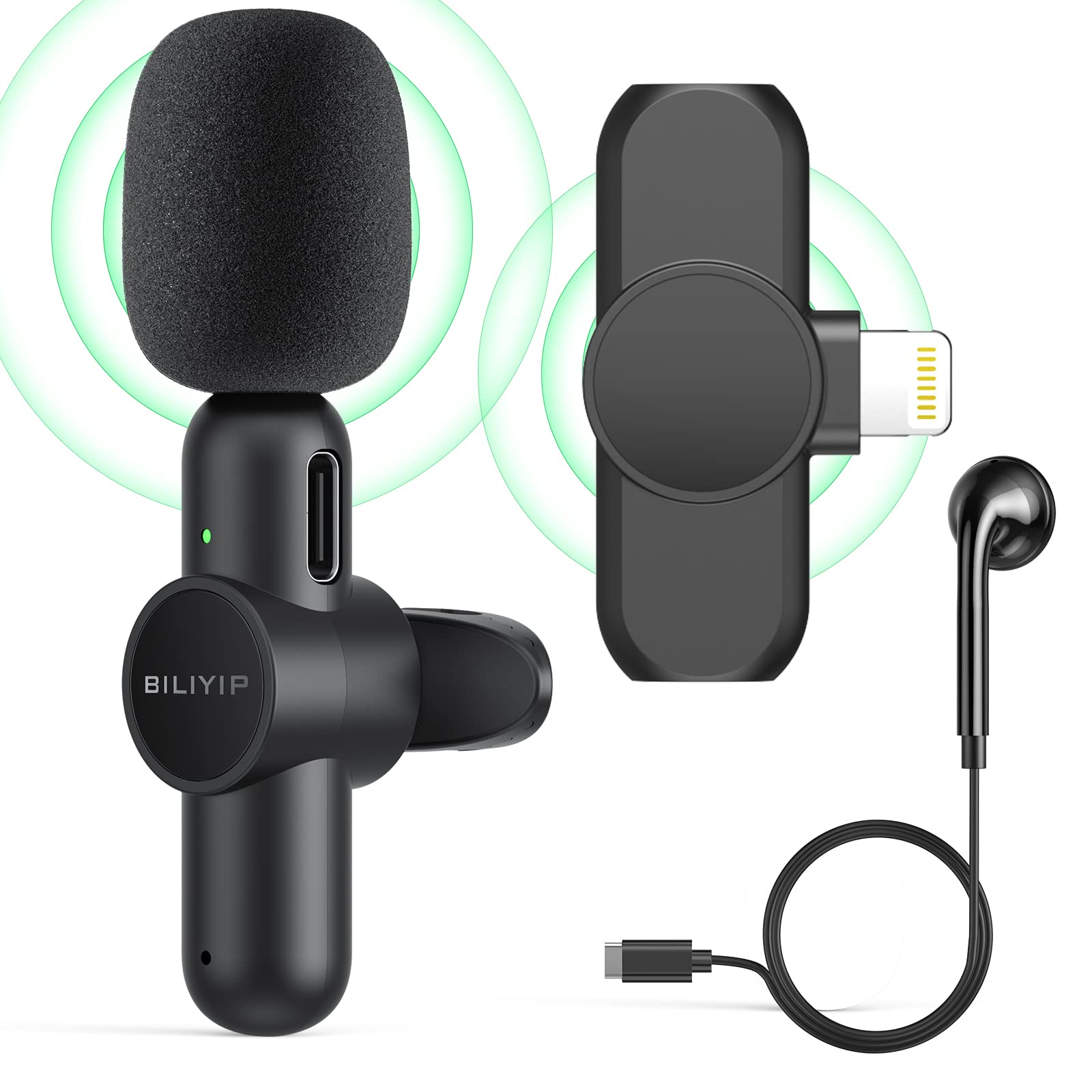 BILIYIP Wireless Lavalier Microphone for iPhone/iPad, Plug-Play Auto-Sync Omni Condenser Mic, 3-Levels Noise Reduction, Compatible with YouTube/TikTok, 5-6H Battery Life, 65ft Distance