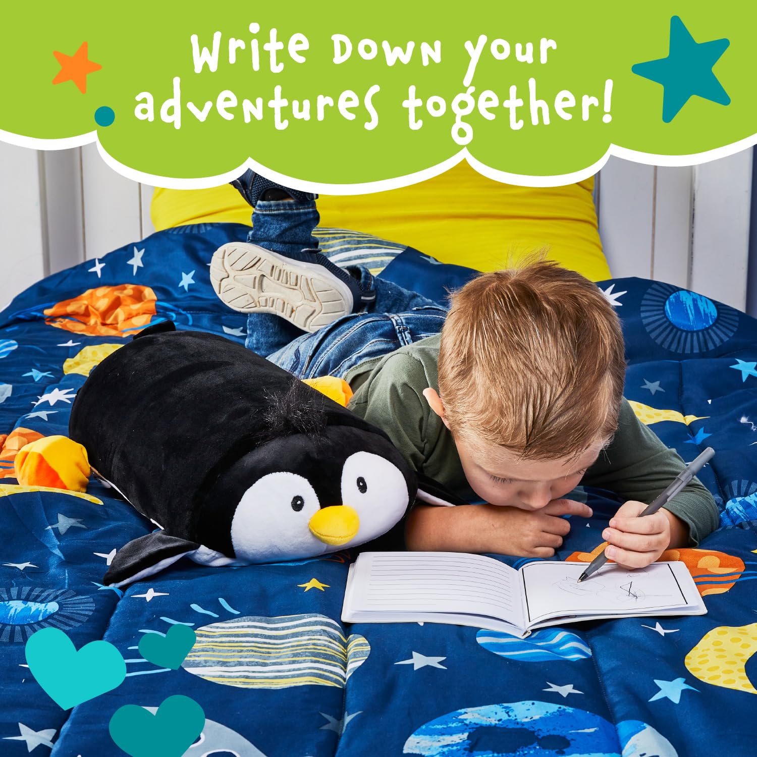 MEMORY MATES Cuddly Memory Foam Pillow Plush with Belly Pocket, Kids Pillow for Hugging Sleeping & Storing Diary, 15” Stuffed Animal & Journal Set - Waddles The Penguin