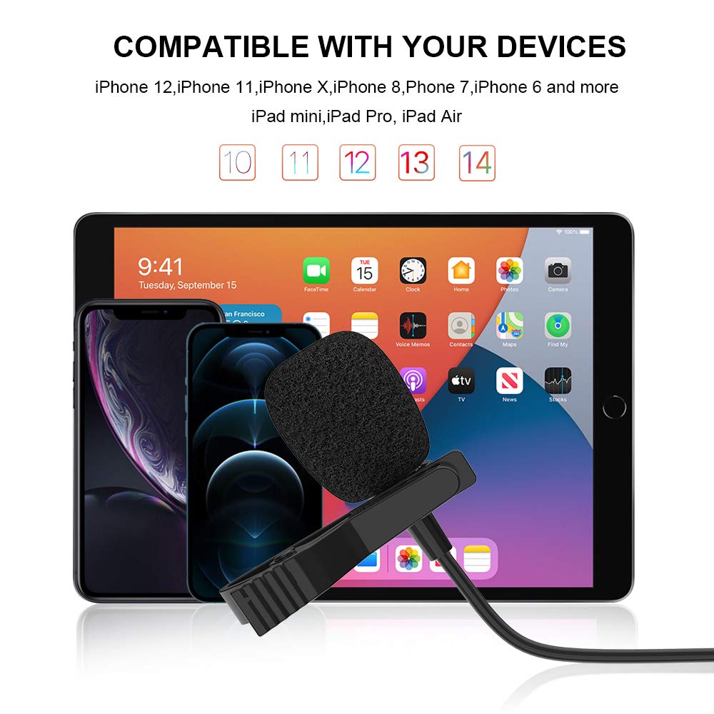 Microphone Professional for iPhone Lavalier Lapel Omnidirectional Condenser Mic Phone Audio Video Recording Easy Clip-on Lavalier Mic for Facebook YouTube Interview Tiktok for iPhone/iPad/iPod(9.8ft)
