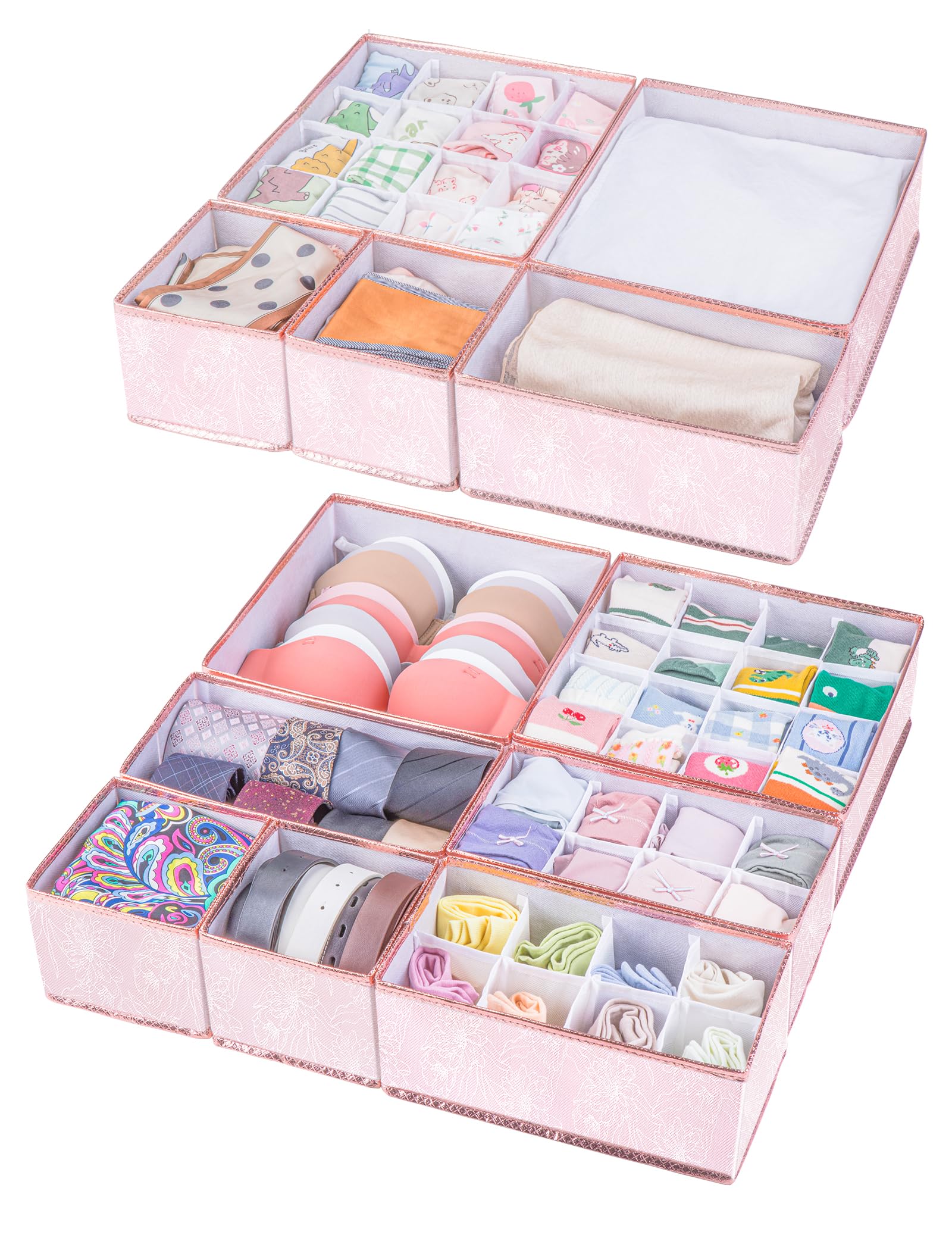 MYTHAUS 12 Pack Drawer Organizers for Clothing - Foldable Collapsible Fabric Closet Organizer and Storage Dresser Drawer Divider, Storage Box for Underwear, Socks, Bra, Ties, Pink