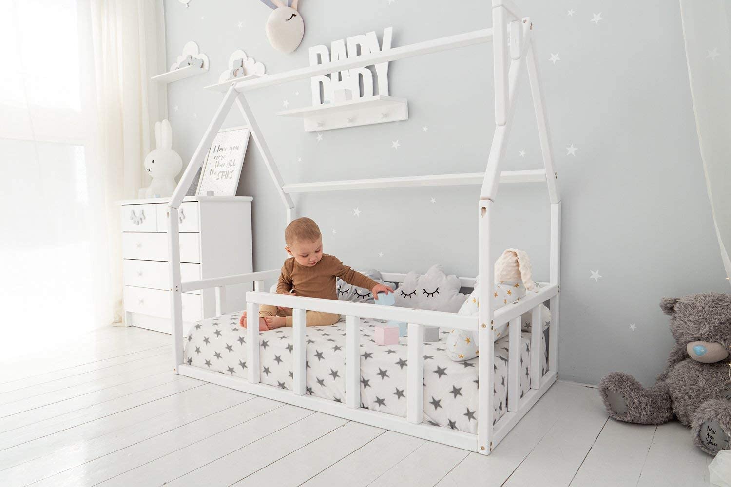 BUSYWOOD Toddler Floor Bed - Montessori Floor Bed with Rails - Floor Bed for Toddlers - Kids Floor Bed- House Kid Bed Frame - Floor Bed Frame Toddler (FOR SLEEPING ONLY)