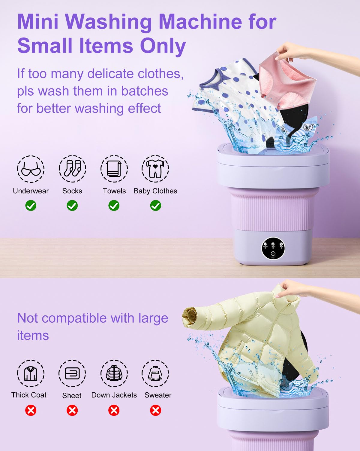 Portable Washing Machine, 9L Mini Laundry Washer with 3 Modes Cleaning for Underwear, Baby Clothes, Sock, Small Delicates. Foldable Washer and Dryer Combo for Apartment, Home, Hotel,Camping,RV(Purple)