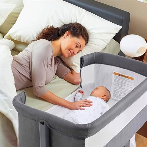 Baby Bedside Bassinet with Wheels and Storage, 3 in 1 Travel Baby Crib Bedside Crib with 5 Adjustable Height, Portable Baby Bed Co Sleeper