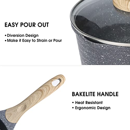 JEETEE Pots Nonstick, 1.5 Quart & 2.5 Quart Induction Granite Coating Saucepan Sets with Glass Lid & Pour Spout, PFOA Free (Grey, 4pcs Pots Set)
